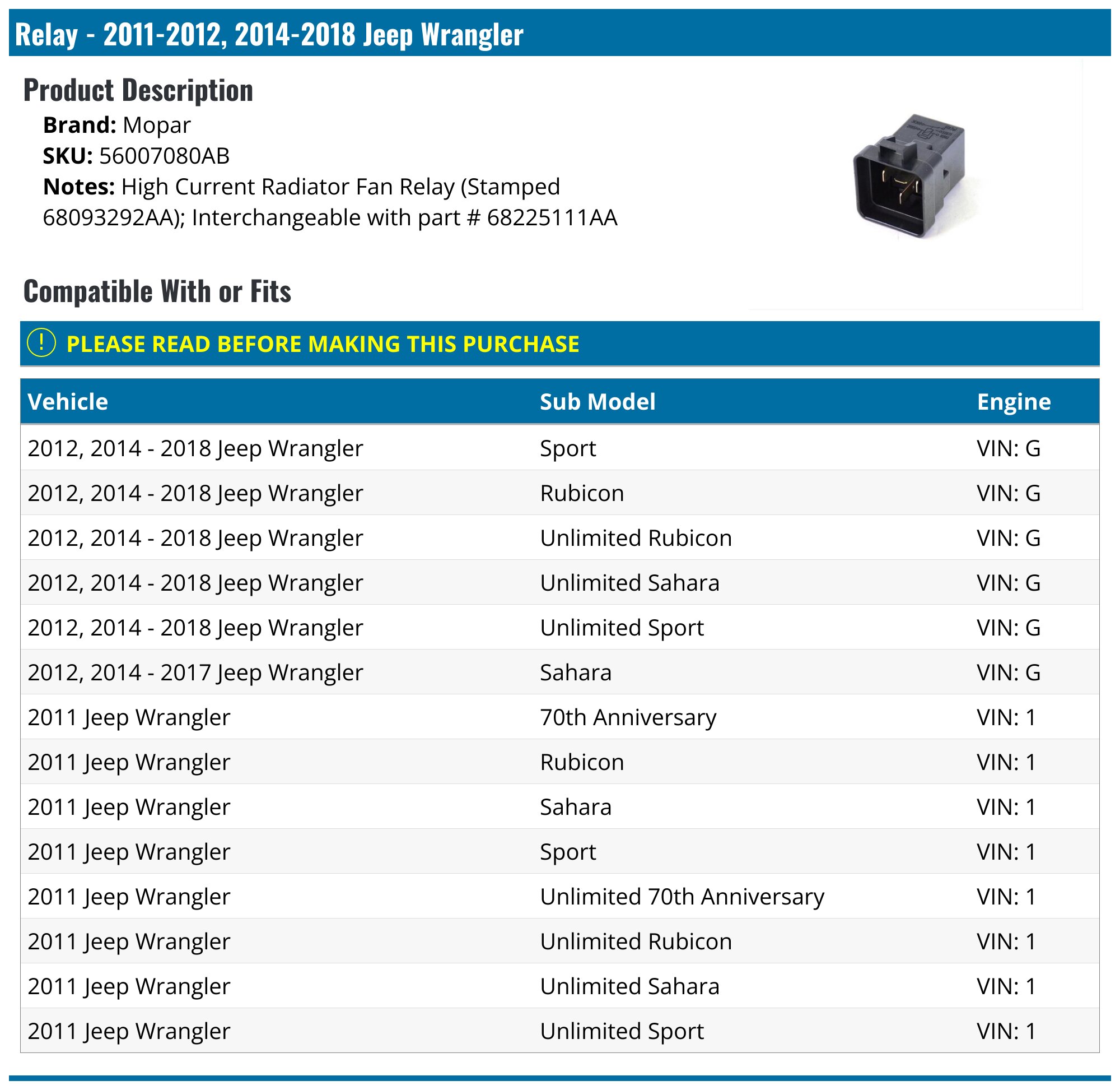 2011-2012, 2014-2018 Jeep Wrangler Relay - Mopar 56007080AB - PartsGeek.com
