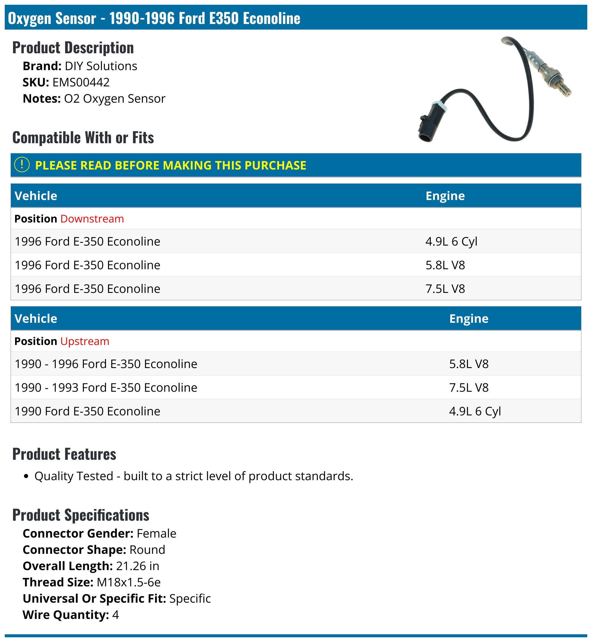 1990-1996 Ford E350 Econoline Oxygen Sensor - DIY Solutions EMS00442 ...