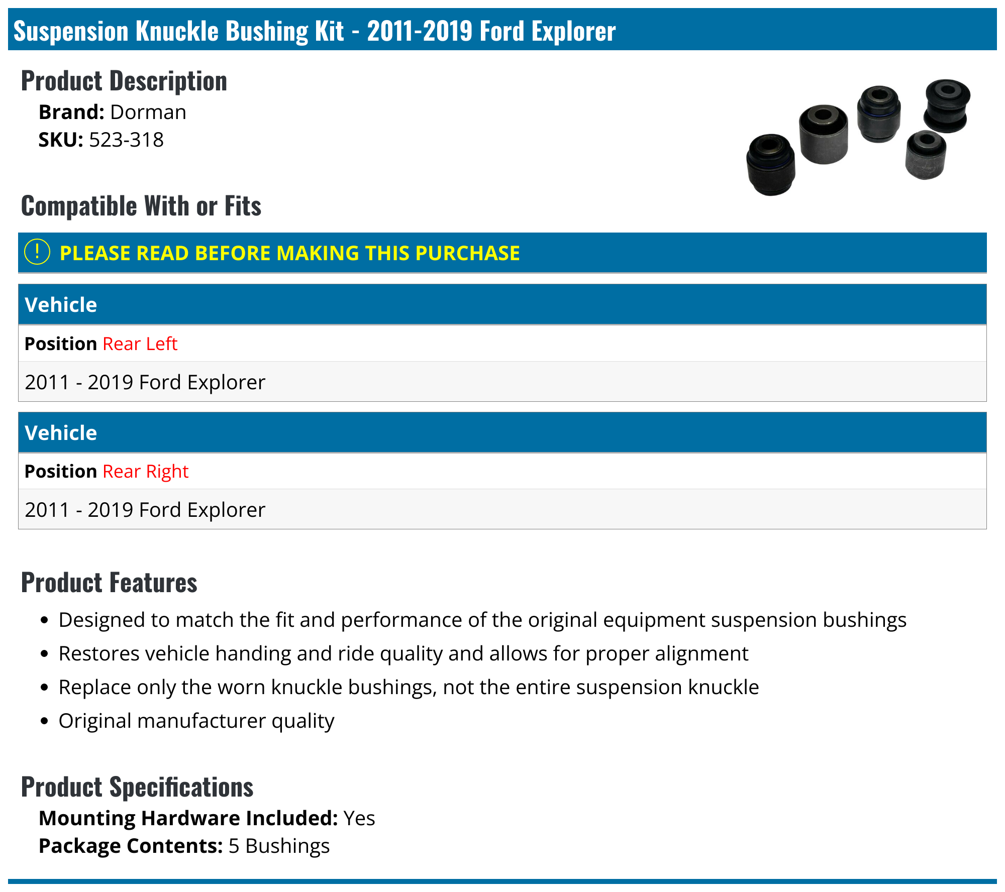 2013-2019 Ford Explorer Suspension Knuckle Bushing Kit - Dorman 523-318 ...