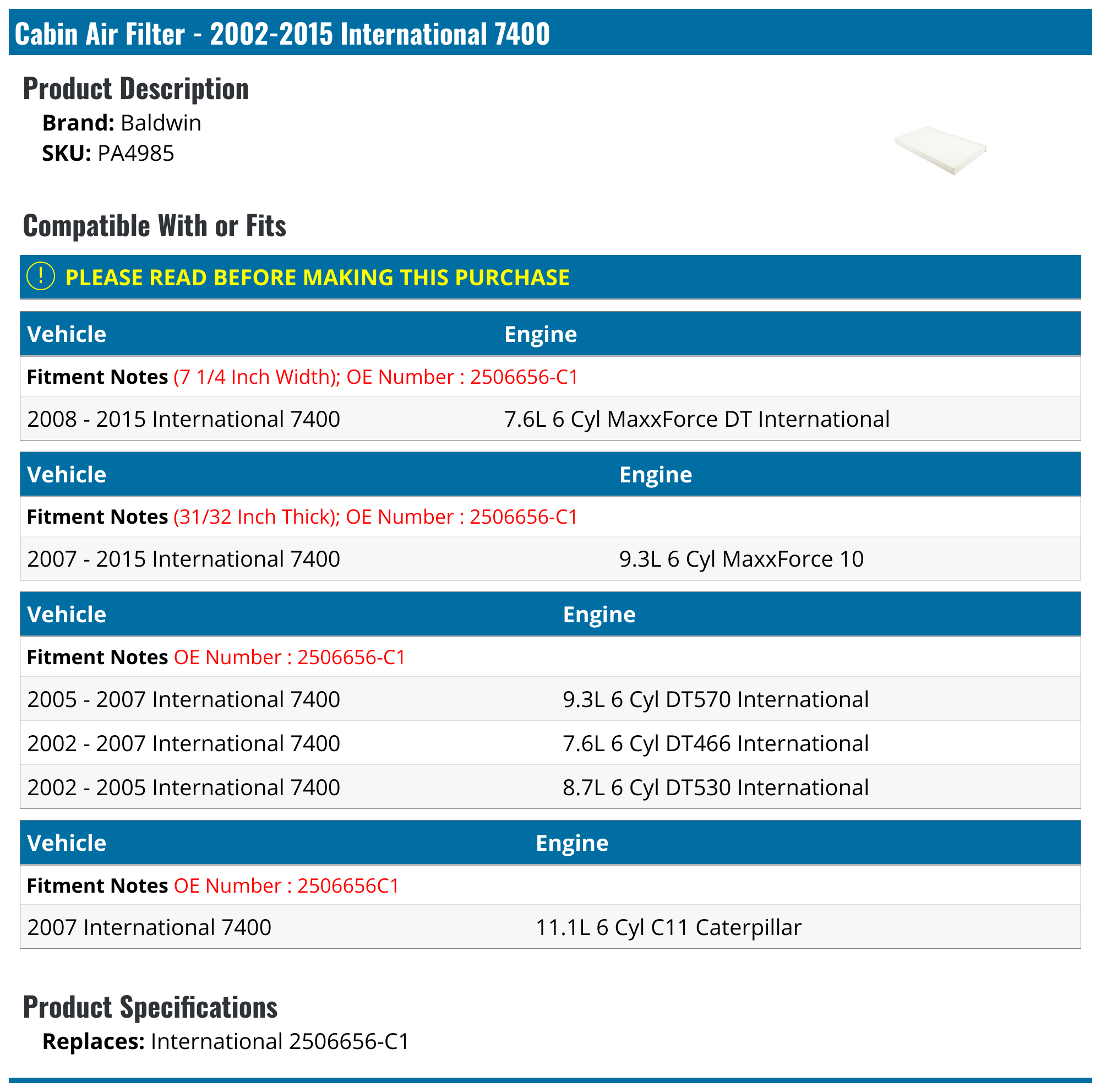 2002-2015 International 7400 Cabin Air Filter - Baldwin PA4985 ...