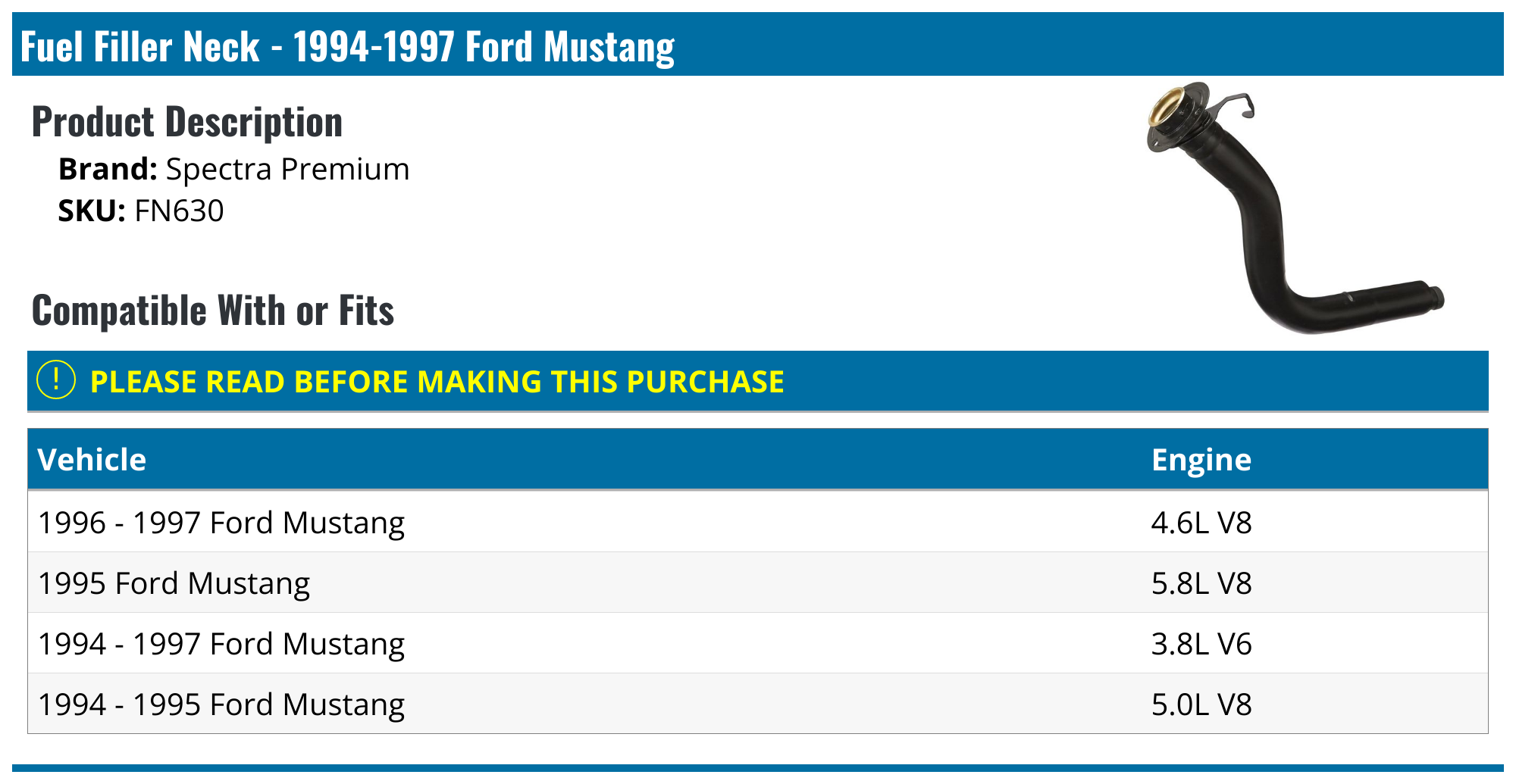1994-1997 Ford Mustang Fuel Filler Neck - Spectra Premium FN630 ...