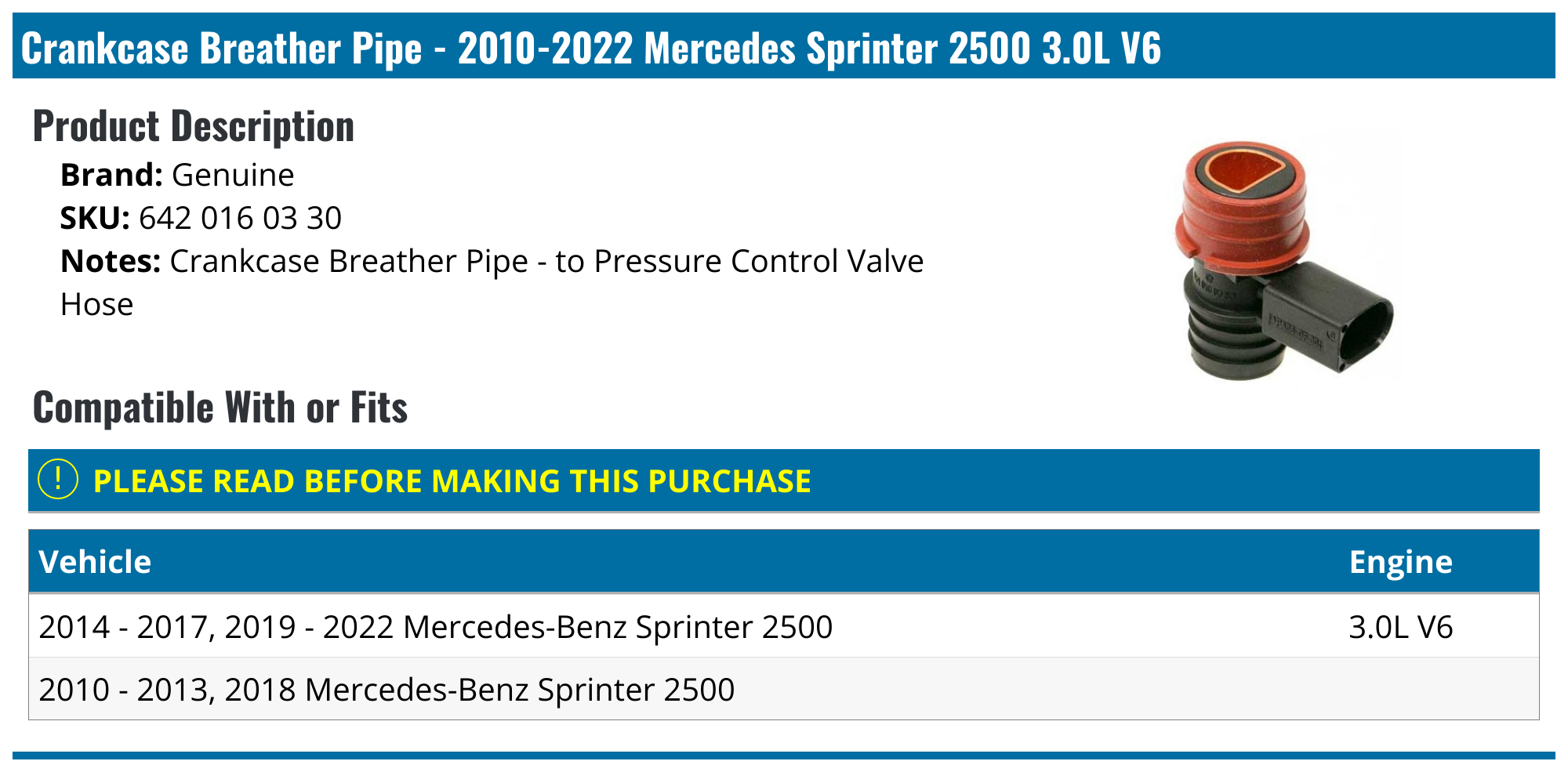 2010-2022 Mercedes Sprinter 2500 Crankcase Breather Pipe - Genuine 642 ...