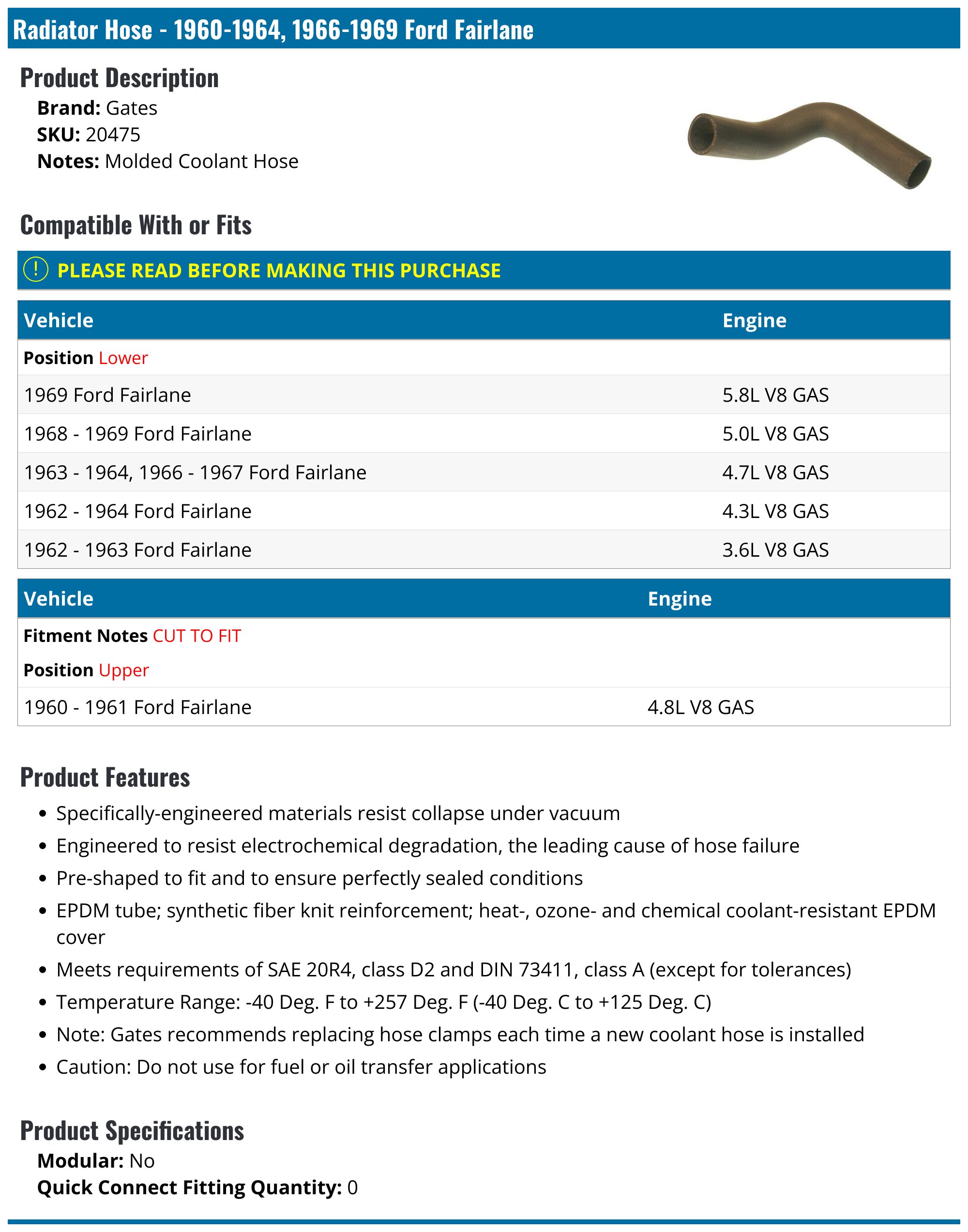 1960-1964, 1966-1969 Ford Fairlane Radiator Hose - Gates 20475 - Upper ...