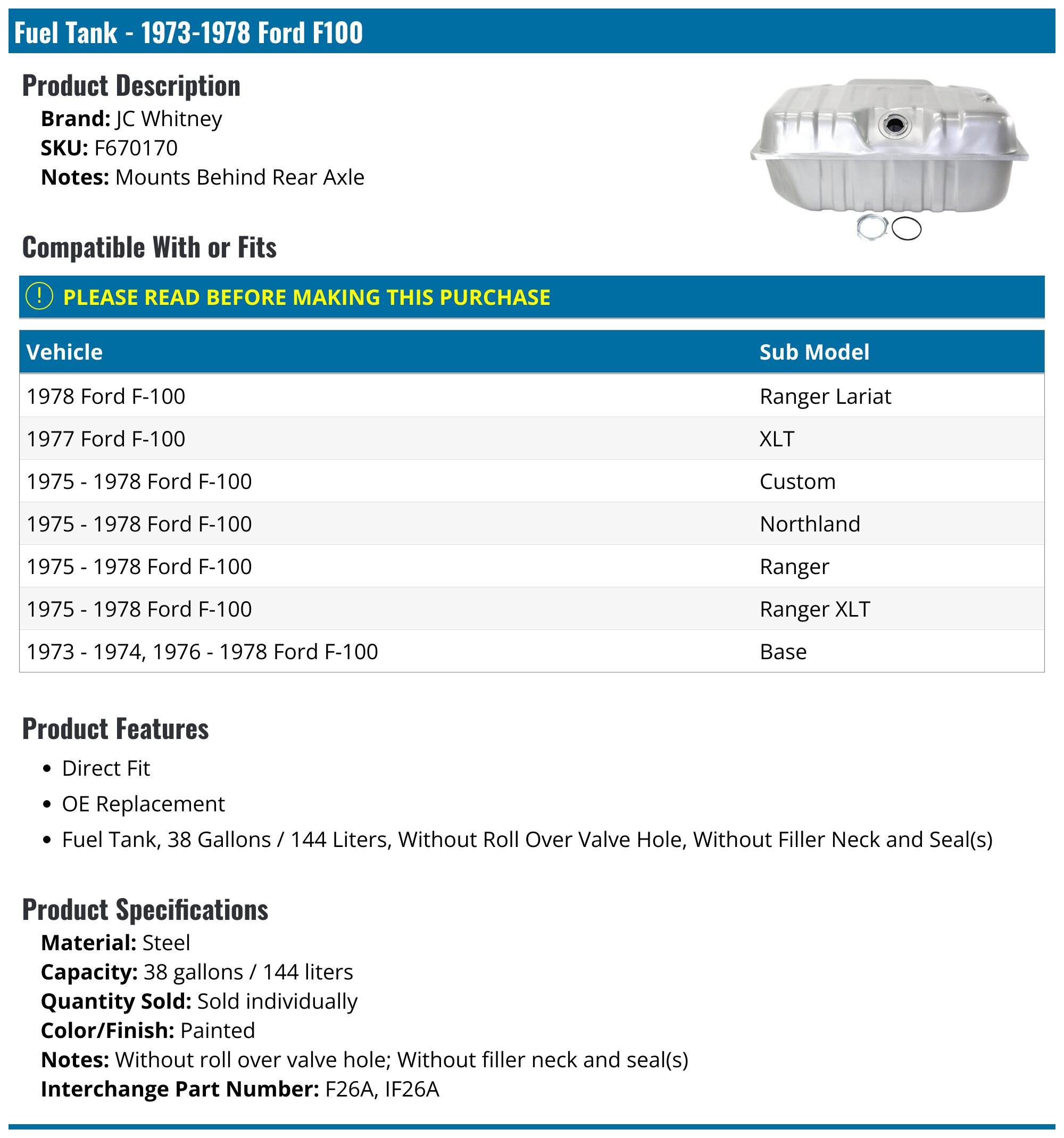 1973-1978 Ford F100 Fuel Tank - JC Whitney F670170 - PartsGeek.com