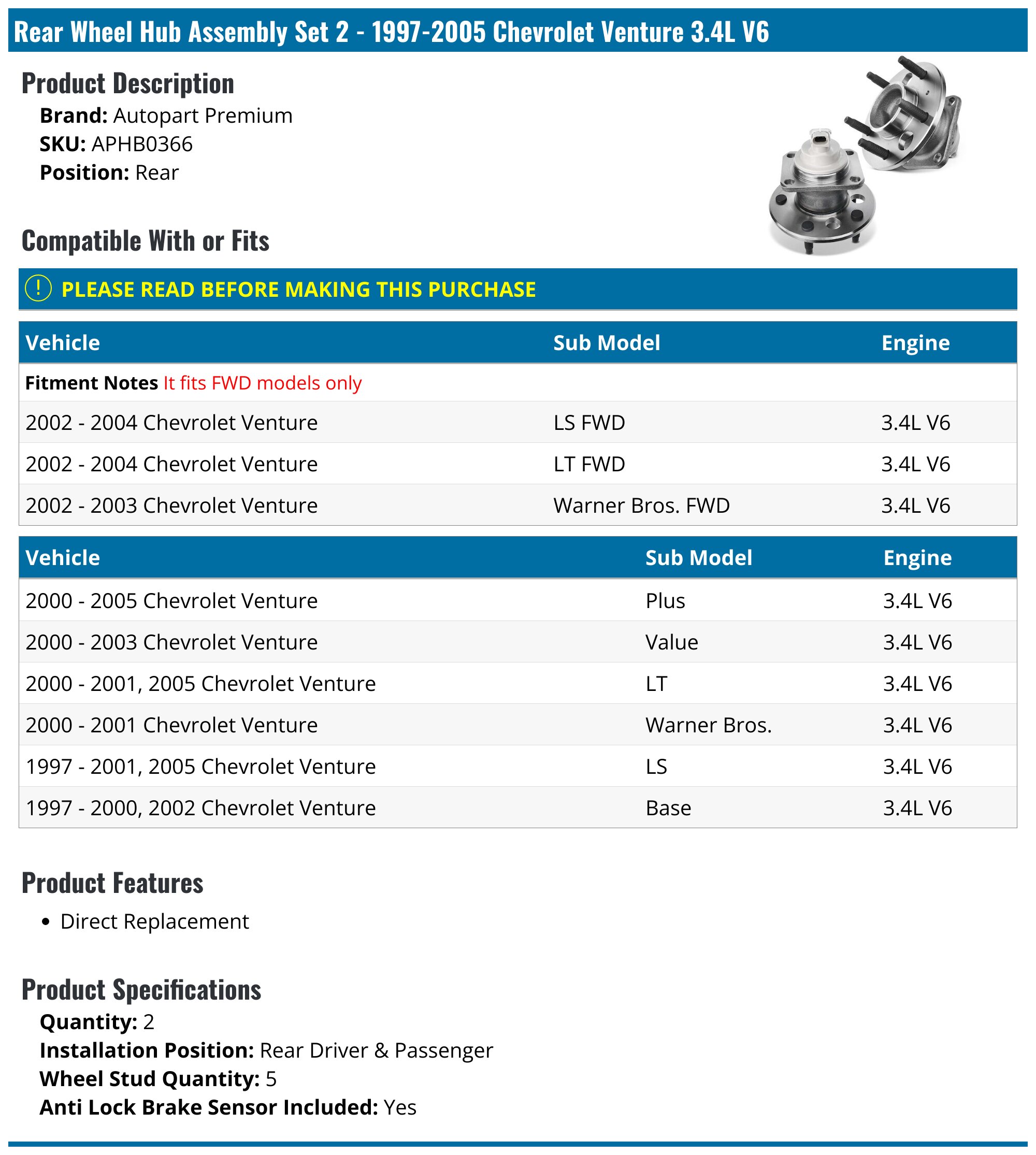 1997-2005 Chevrolet Venture Wheel Hub Assembly - Autopart Premium ...