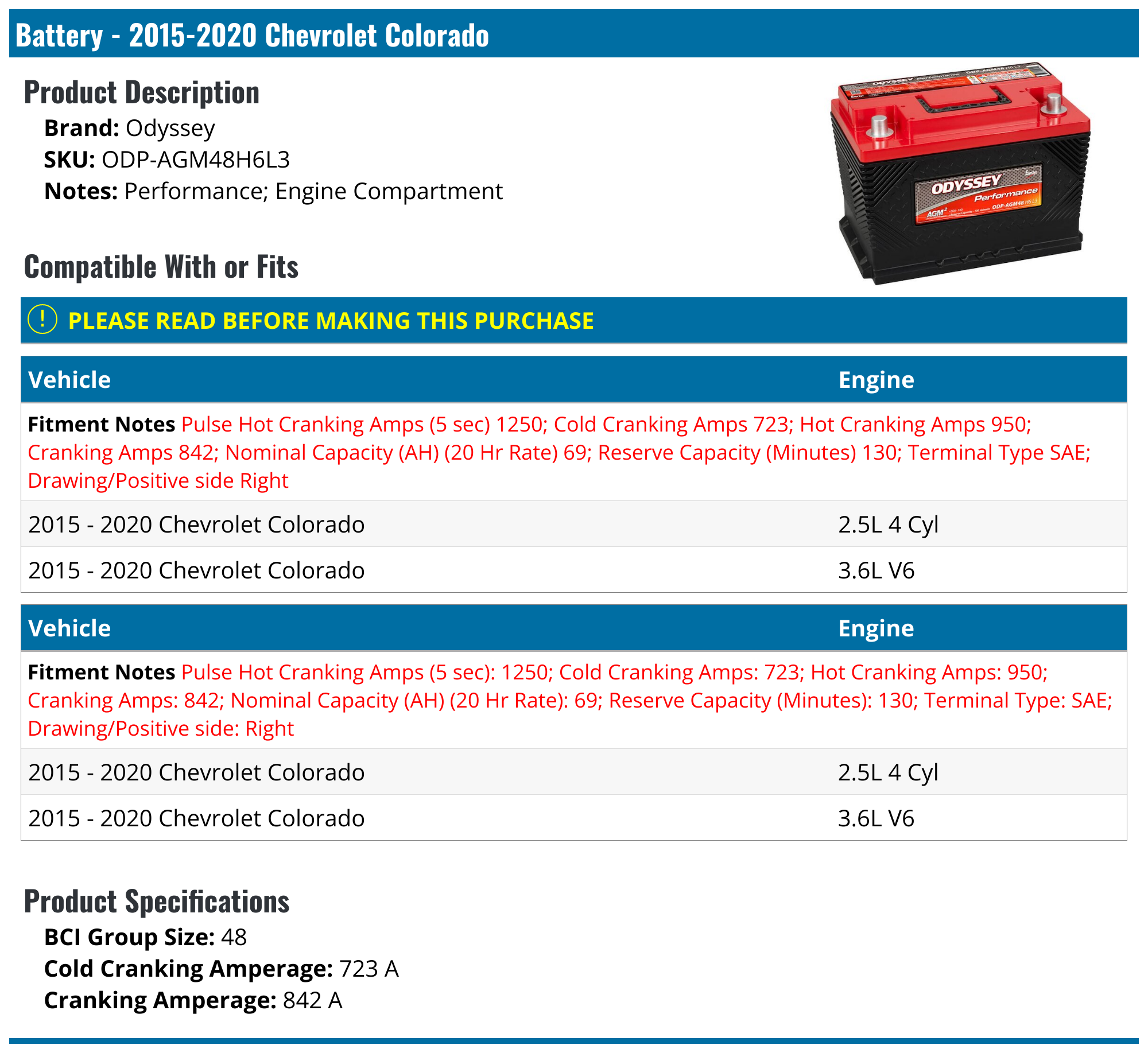 2015-2022 Chevrolet Colorado Battery - Odyssey ODP-AGM48H6L3 ...
