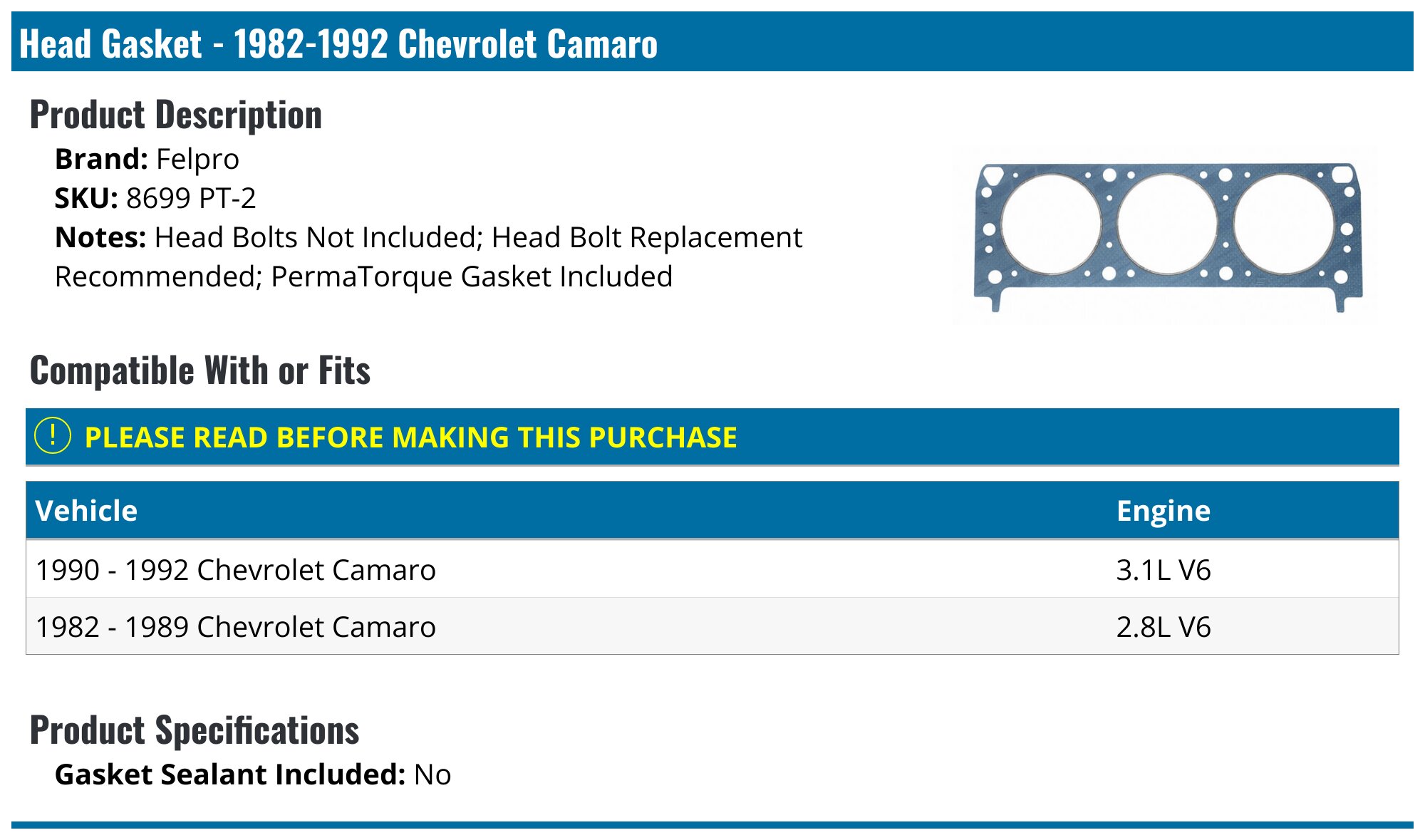 1982-1992 Chevrolet Camaro Head Gasket - Felpro 8699 PT-2 - PartsGeek.com