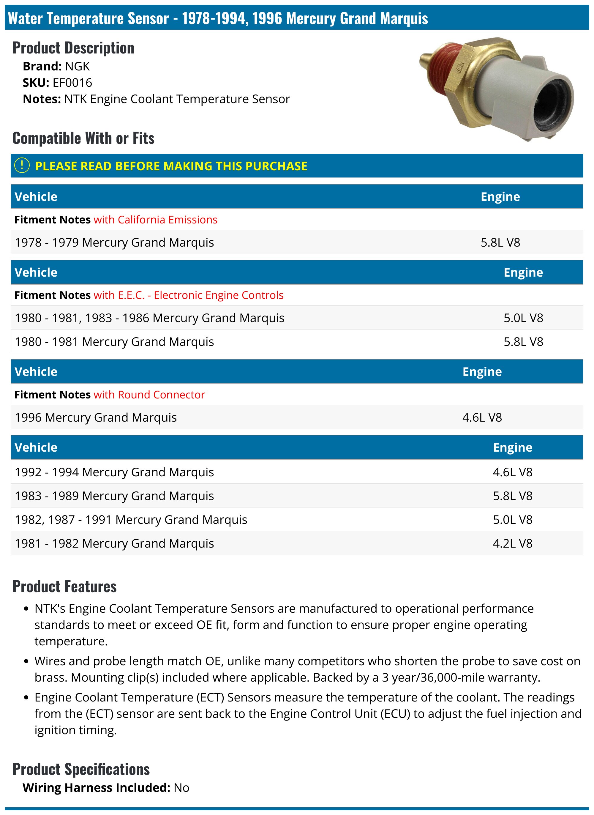 1978-1994, 1996 Mercury Grand Marquis Water Temperature Sensor - NGK ...