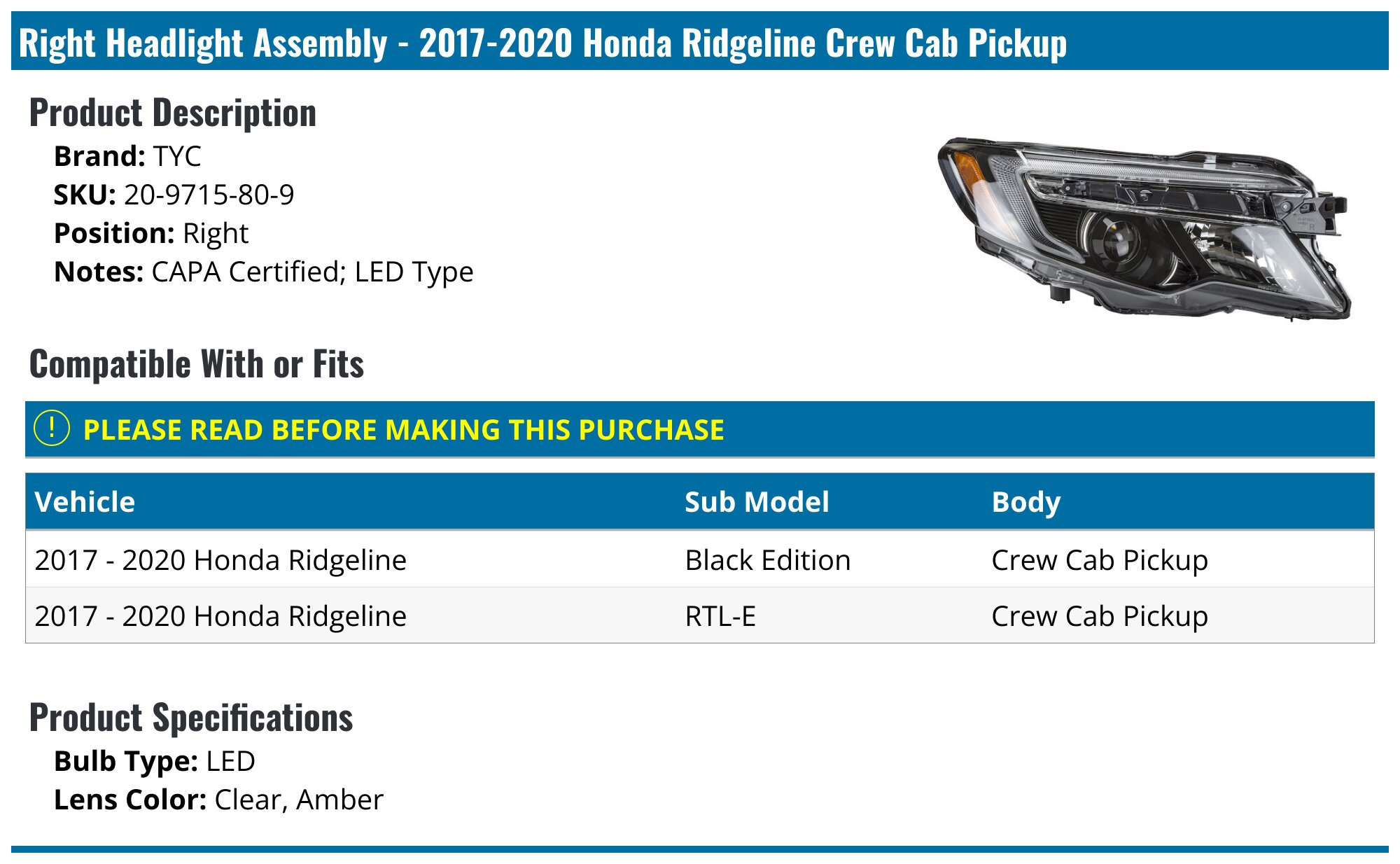 2017-2020 Honda Ridgeline Headlight Assembly - TYC 20-9715-80-9 - Right ...