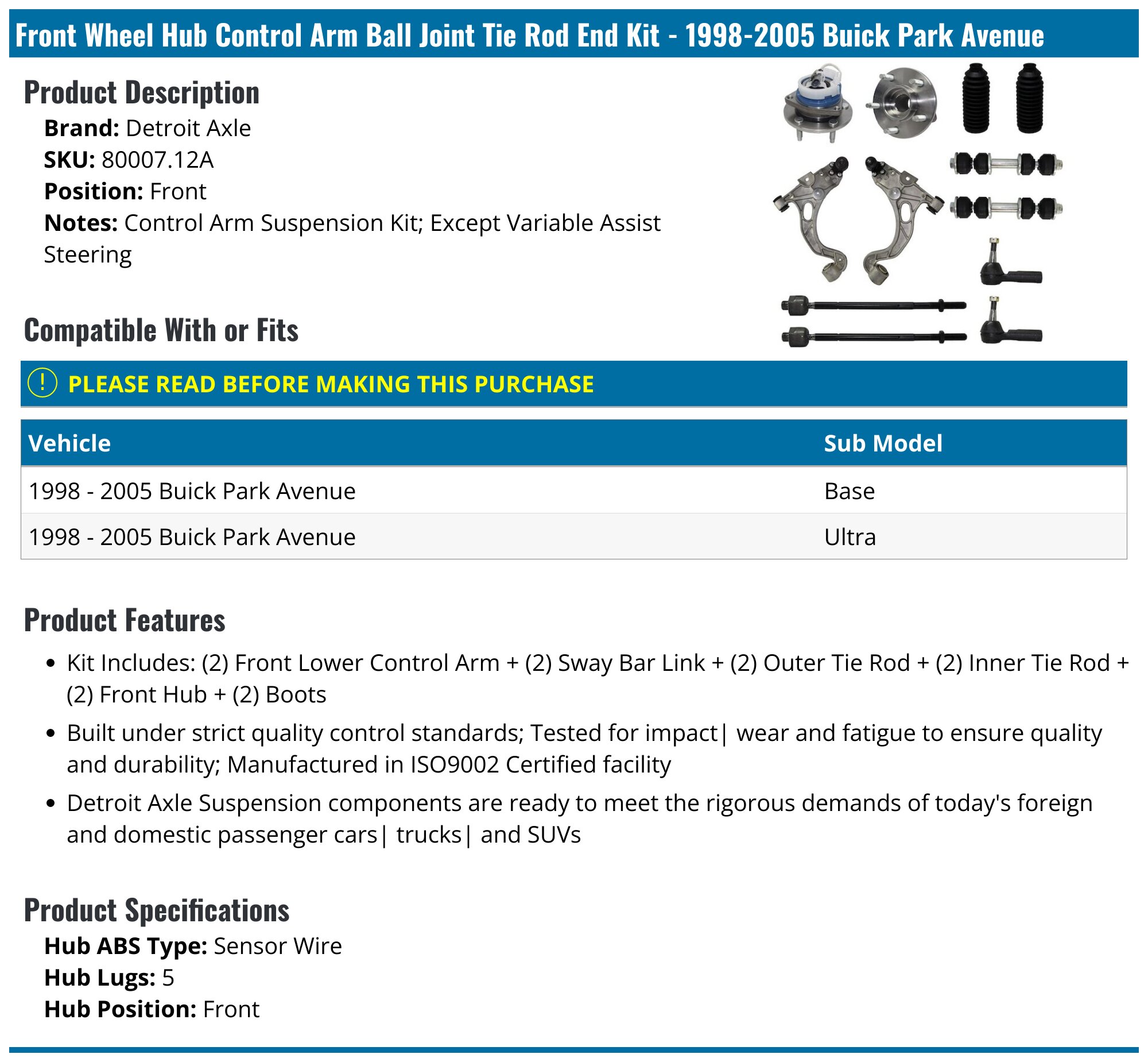 1998-2005 Buick Park Avenue Wheel Hub Control Arm Ball Joint Tie Rod ...