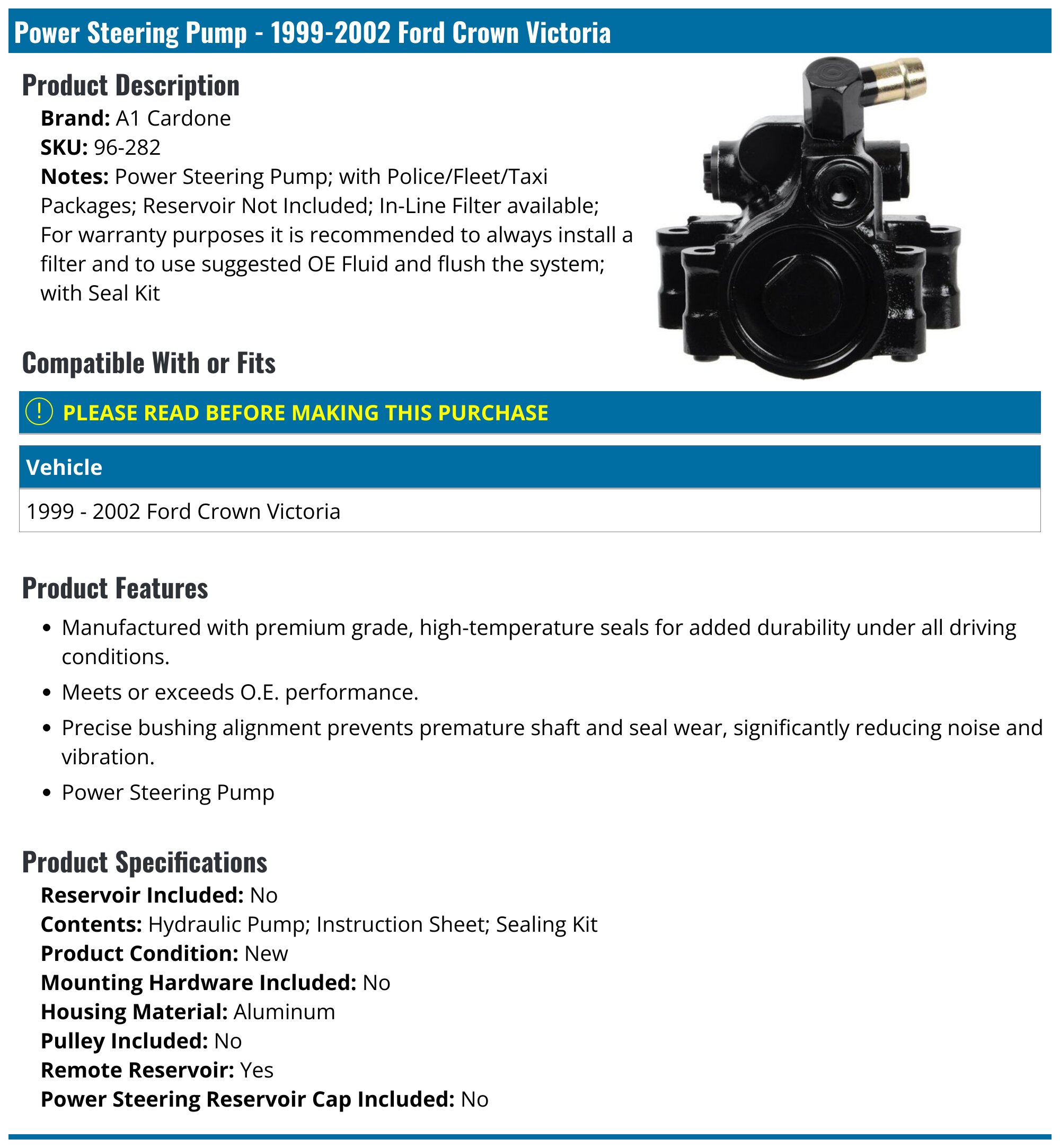1999-2002 Ford Crown Victoria Power Steering Pump - A1 Cardone 96-282 ...