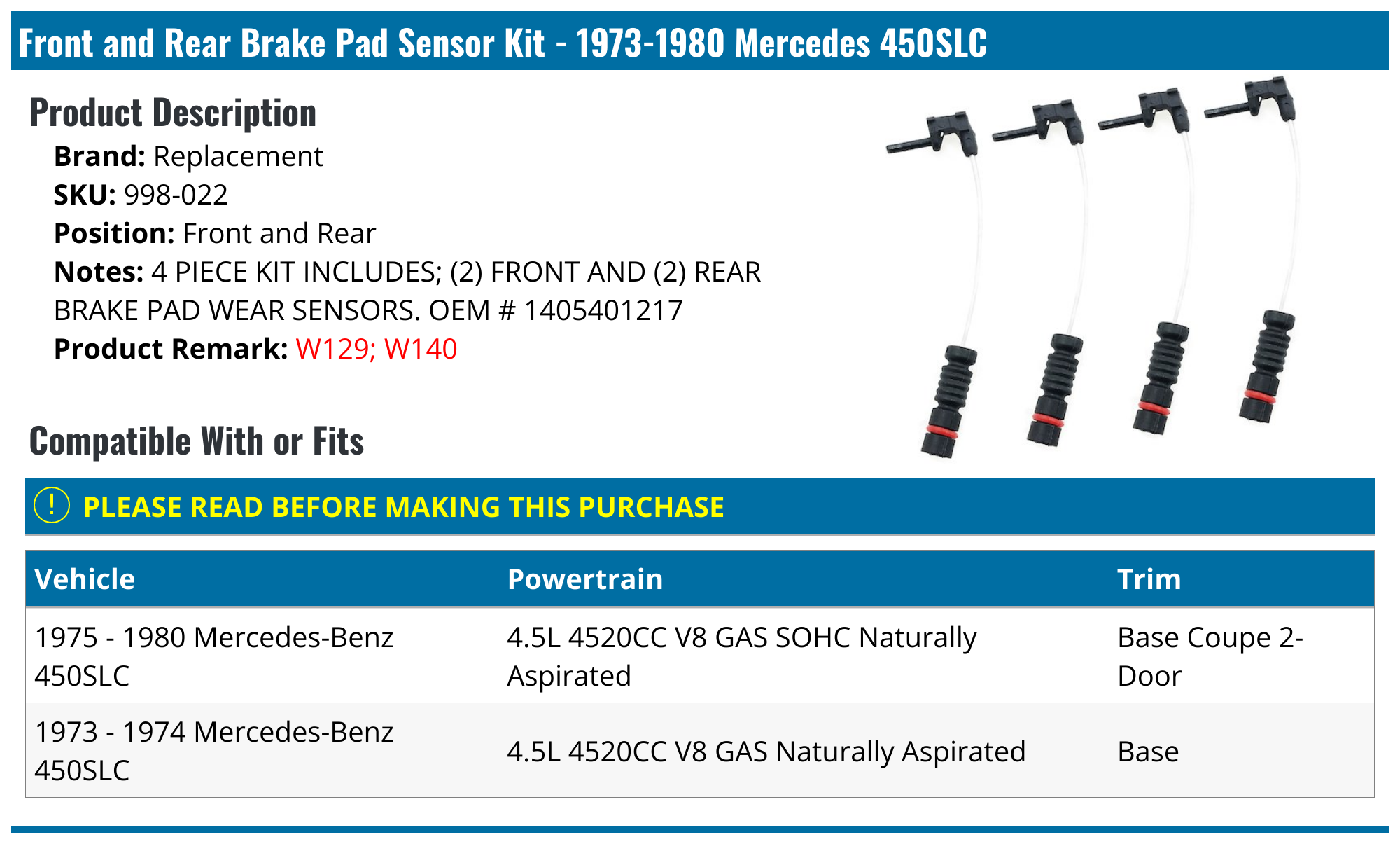 1973-1980 Mercedes 450SLC Brake Pad Sensor - Replacement 998-022 ...