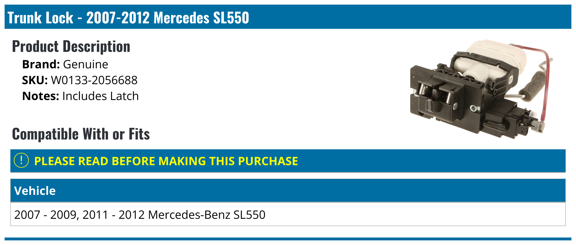 2007-2012 Mercedes SL550 Trunk Lock - Genuine W0133-2056688 - PartsGeek.com
