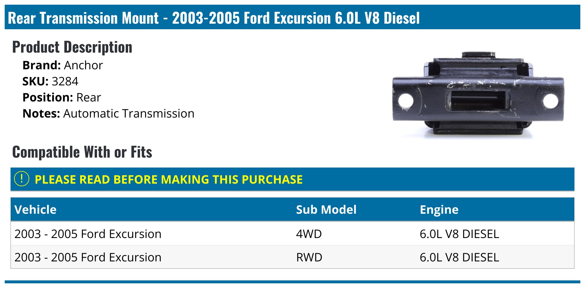 2003-2005 Ford Excursion Transmission Mount - Anchor 3284 - Rear ...