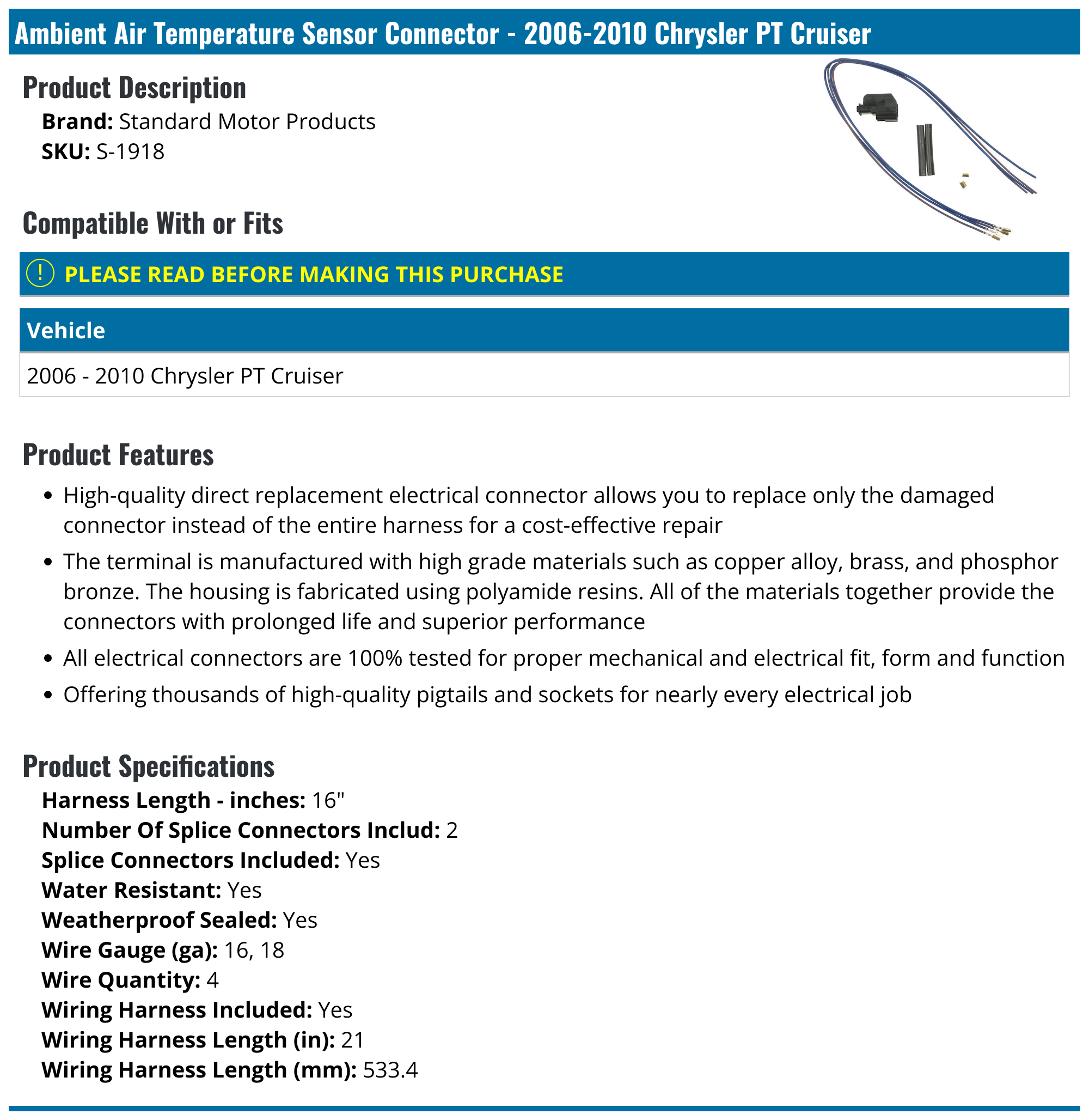 2006-2010 Chrysler PT Cruiser Ambient Air Temperature Sensor Connector ...