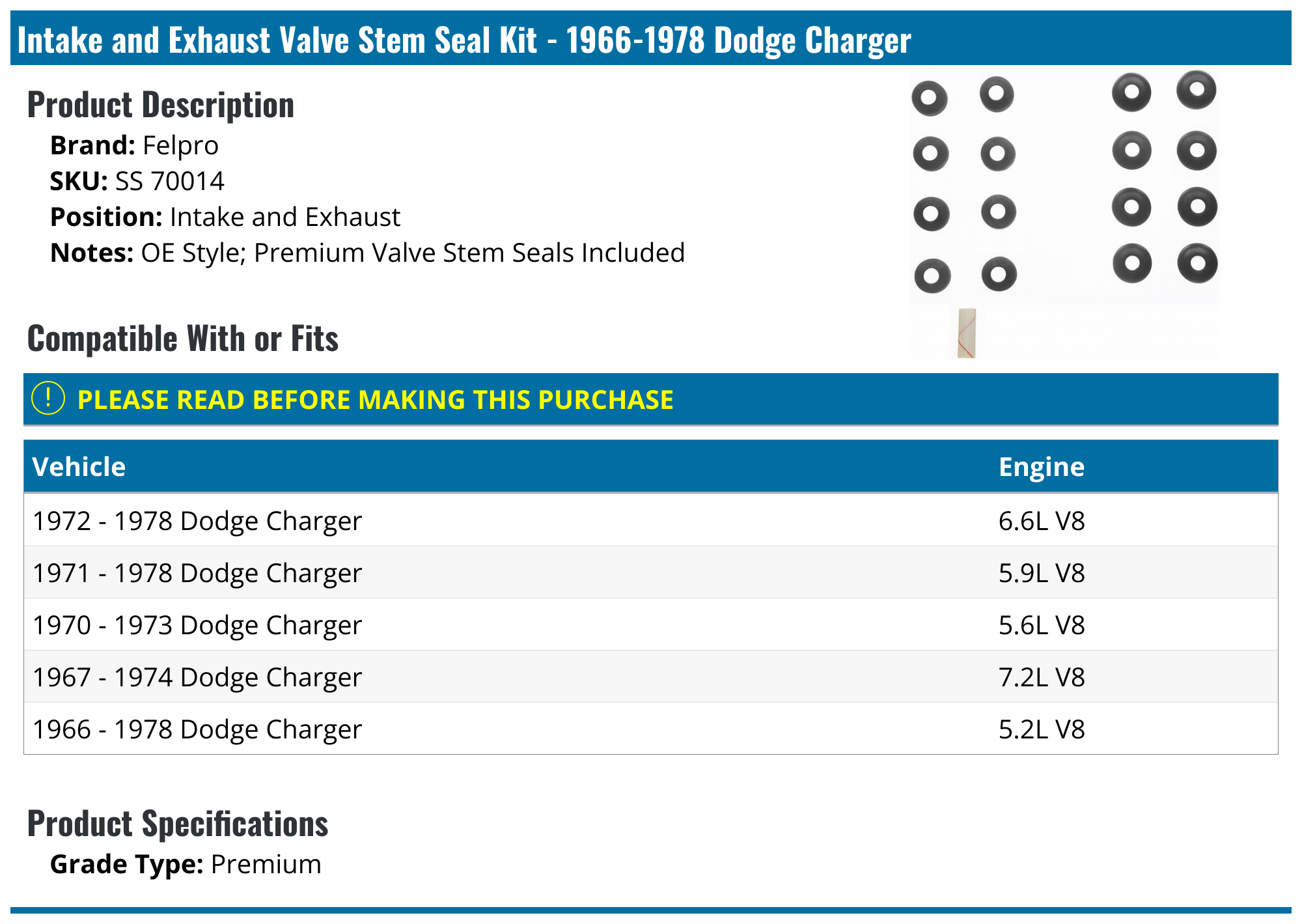 1966-1978 Dodge Charger Valve Stem Seal Kit - Felpro SS 70014 - Intake ...