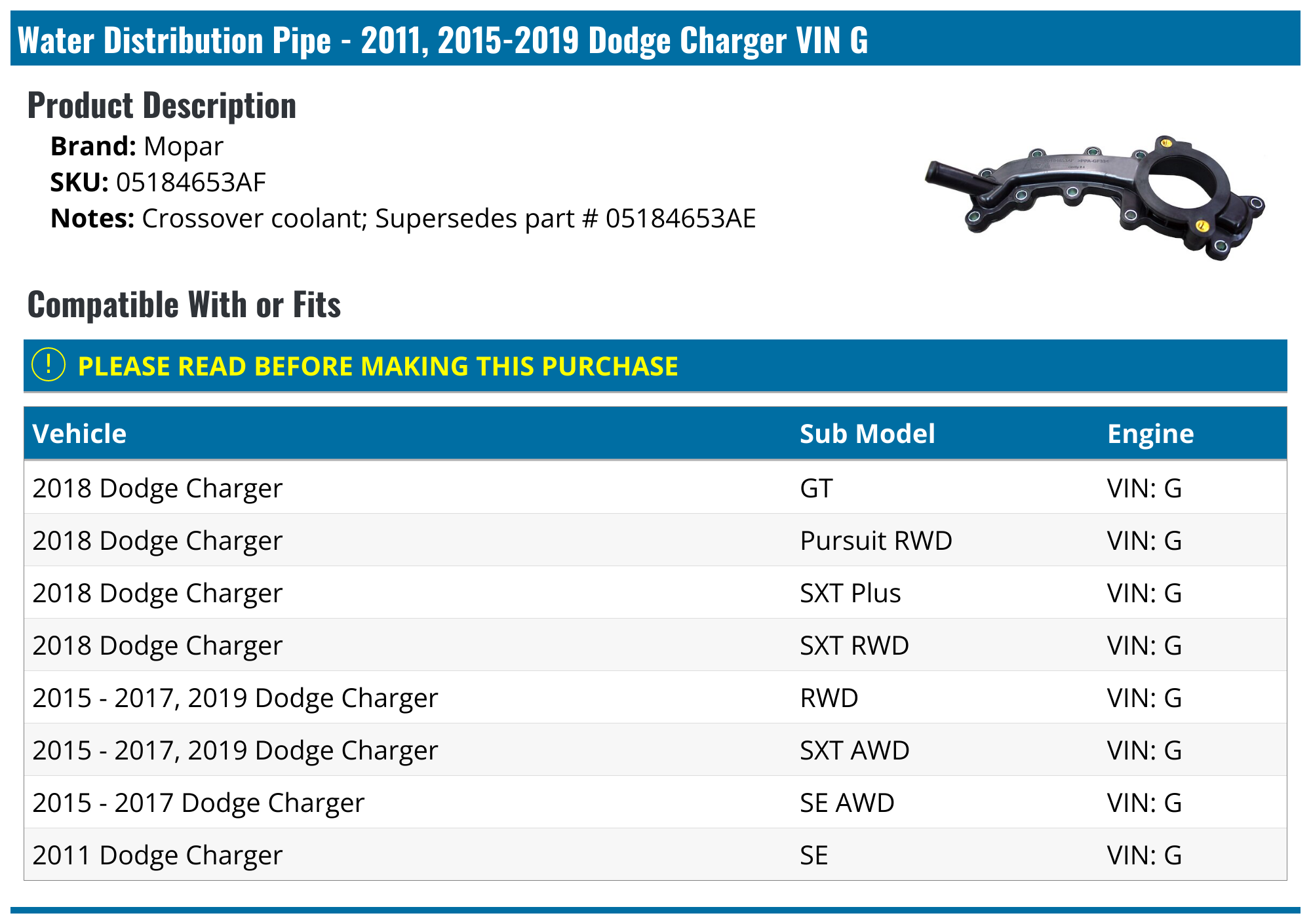 2011, 2015-2019 Dodge Charger Water Distribution Pipe - Mopar ...