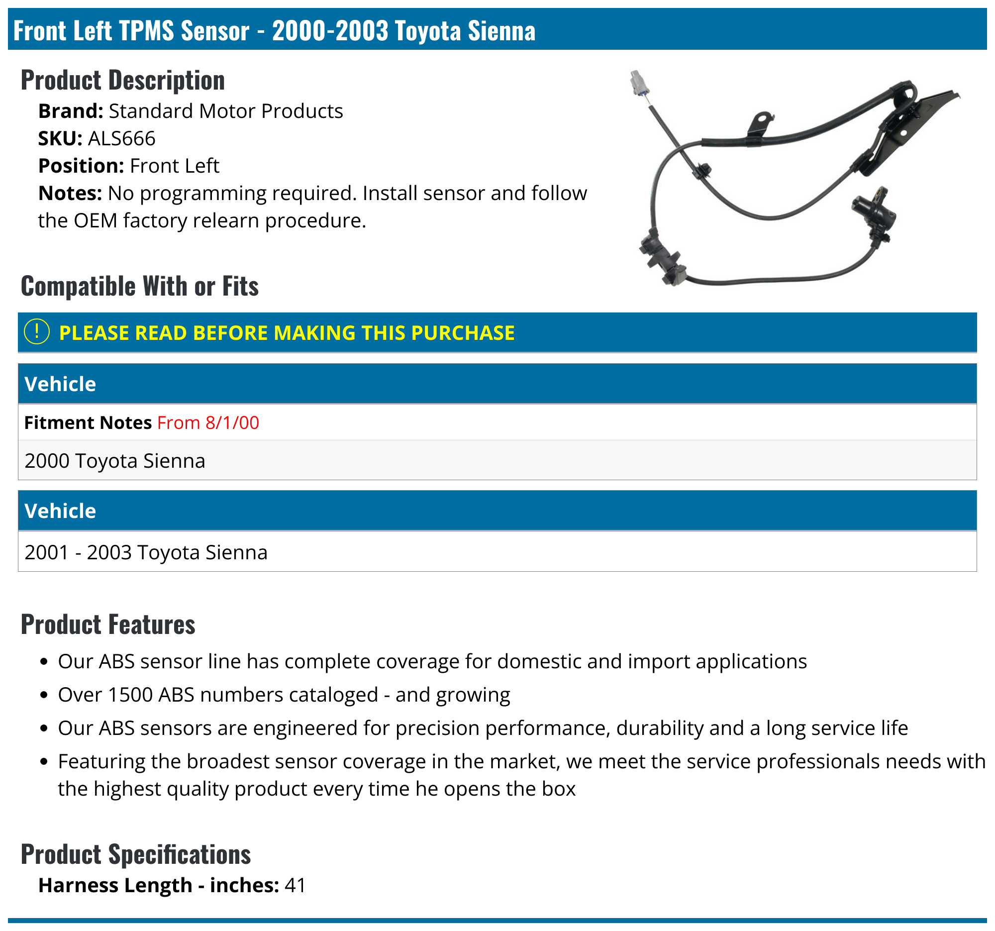 2000-2003 Toyota Sienna Tire Pressure Monitoring Sensor - Standard ...