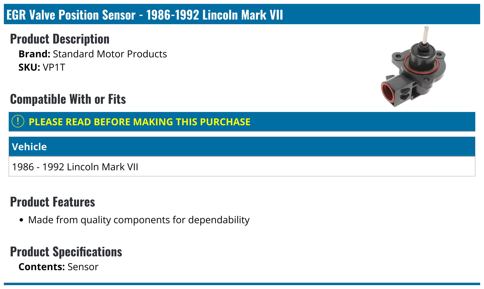1986-1992 Lincoln Mark VII EGR Valve Position Sensor - Standard Motor ...