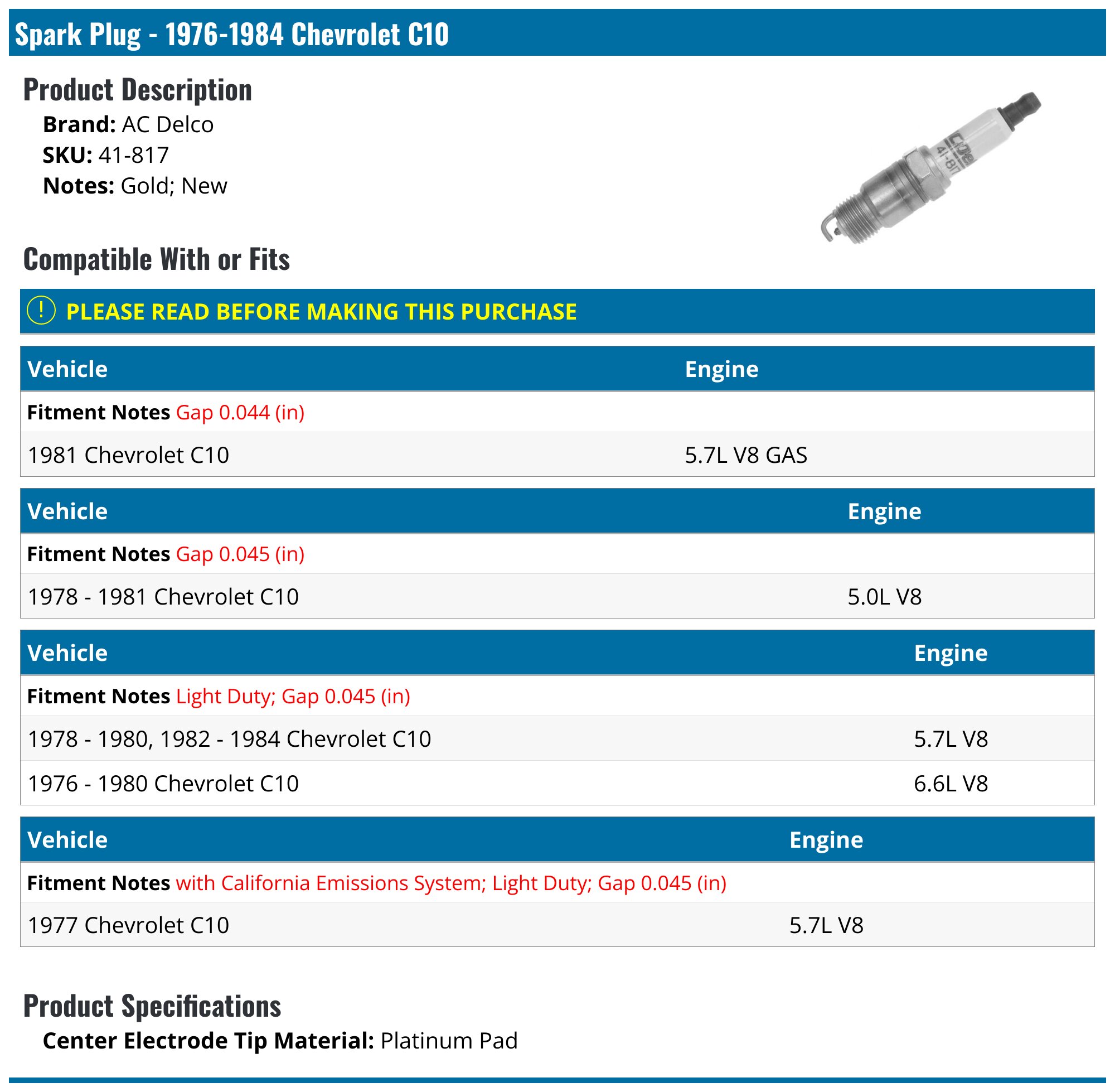 1976-1984 Chevrolet C10 Spark Plug - AC Delco 41-817 - PartsGeek.com