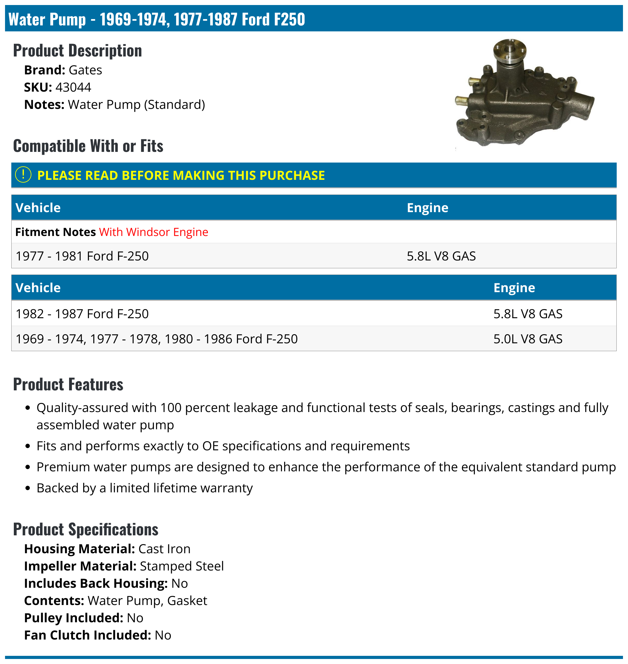 1969-1974, 1977-1987 Ford F250 Water Pump - Gates 43044 - PartsGeek.com