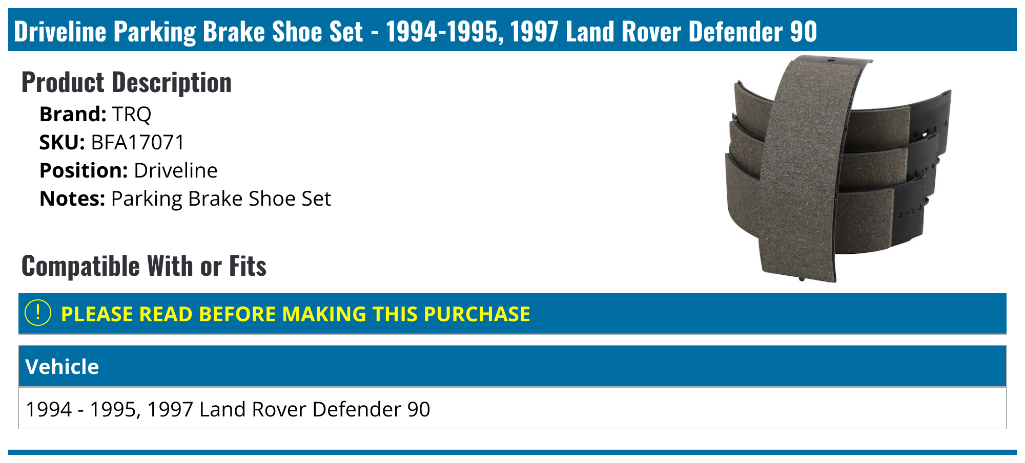 1994-1995, 1997 Land Rover Defender 90 Parking Brake Shoe Set - TRQ ...