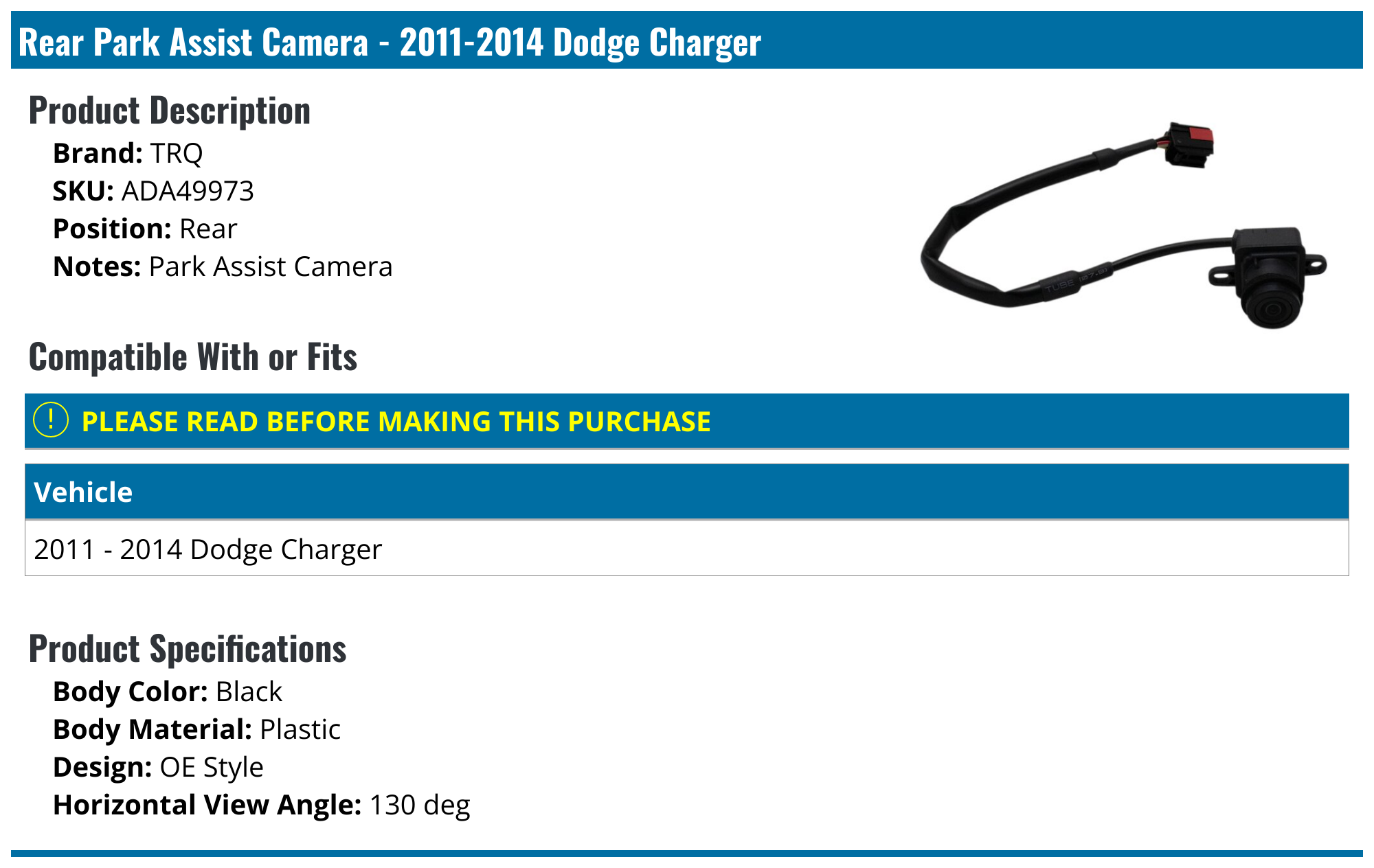 2011-2014 Dodge Charger Backup Camera - TRQ ADA49973 - Rear - PartsGeek.com