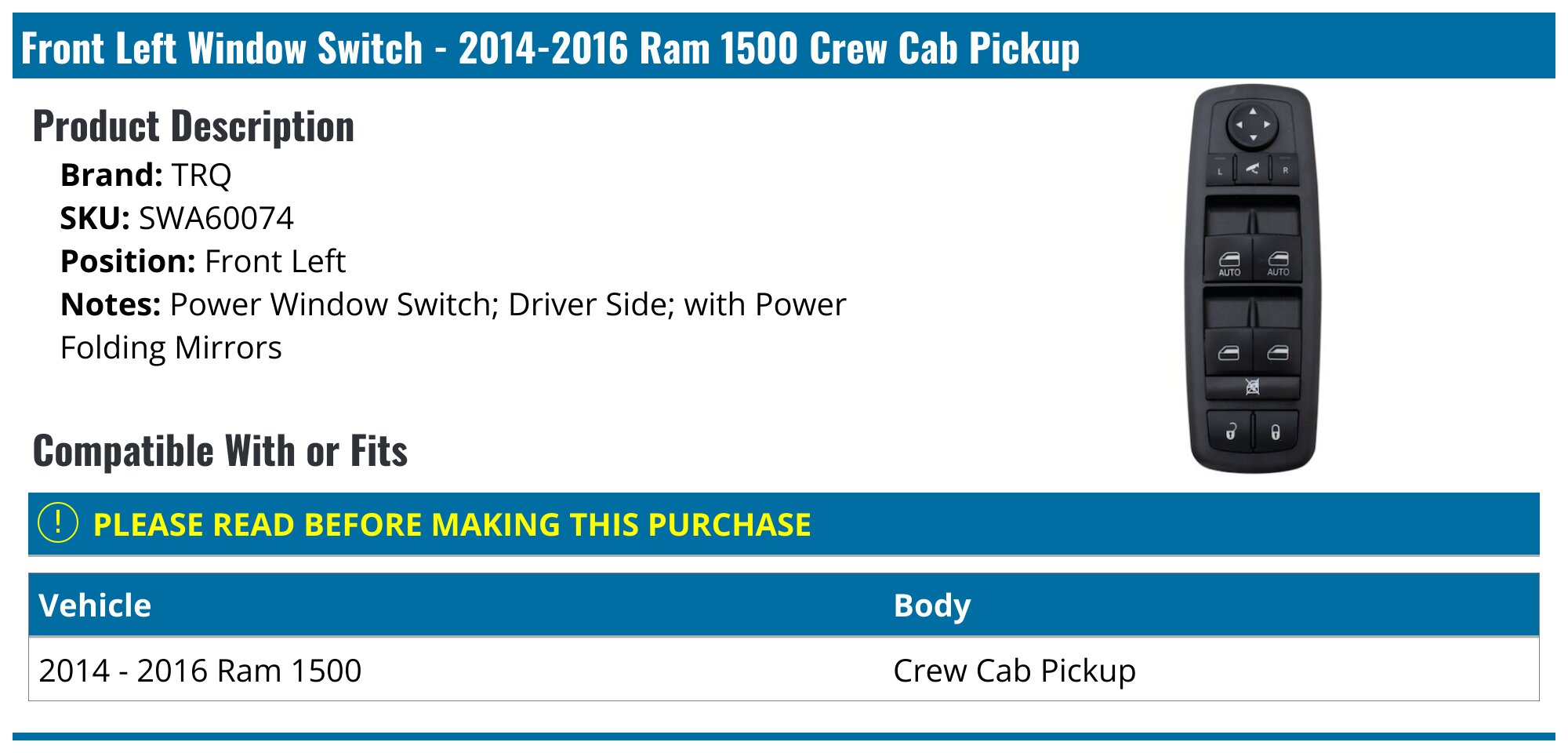 2014-2016 Ram 1500 Window Switch - TRQ SWA60074 - Front Left ...