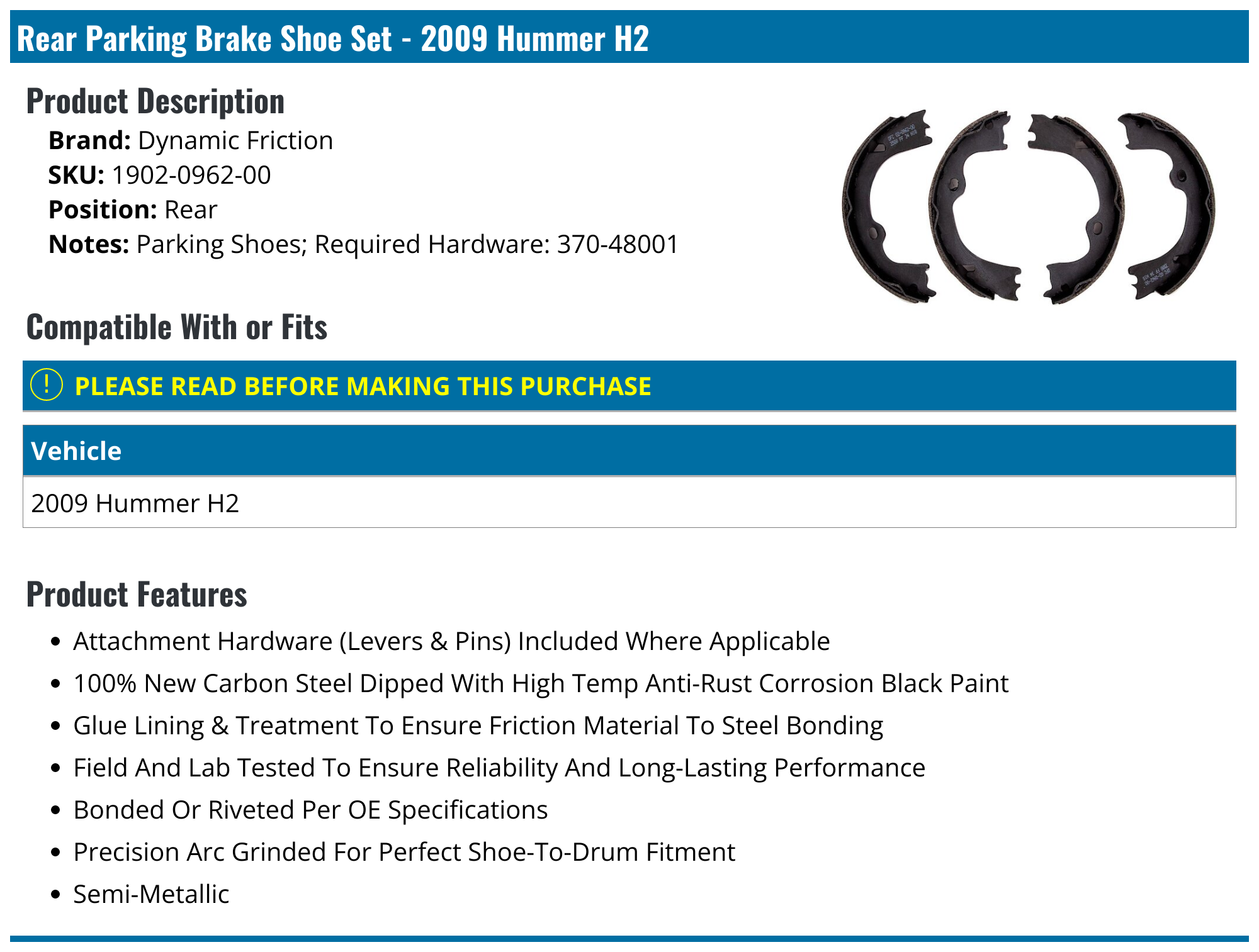 2009 Hummer H2 Brake Shoe Set - Dynamic Friction 1902-0962-00 - Rear ...