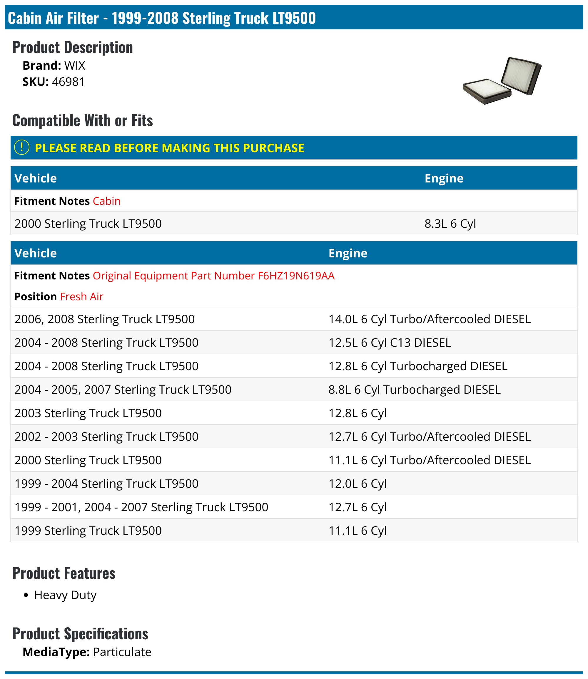 1999-2008 Sterling Truck LT9500 Cabin Air Filter - WIX 46981 - Fresh ...