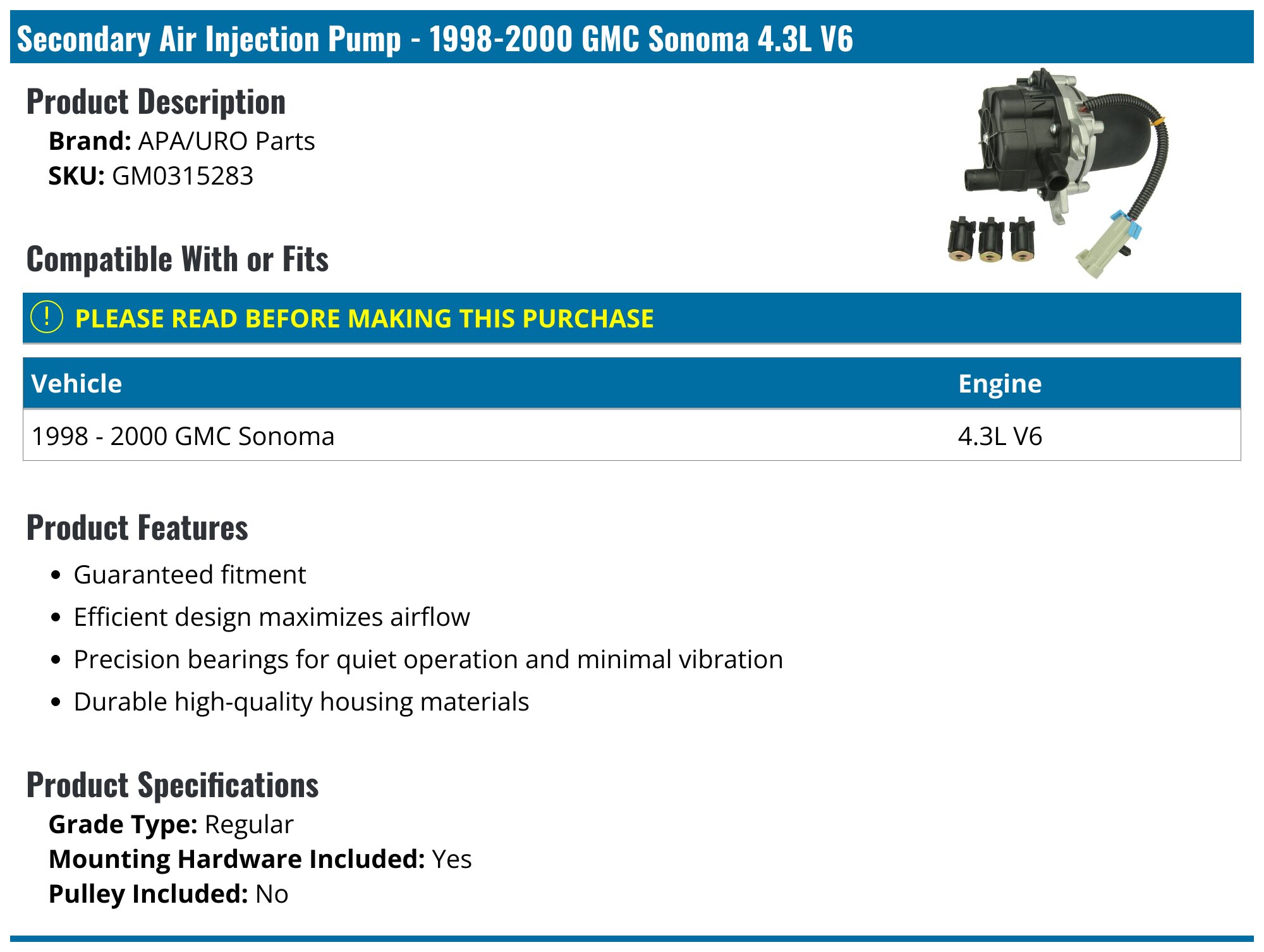 1998-2000 GMC Sonoma Air Pump - APA/URO Parts GM0315283 - PartsGeek.com