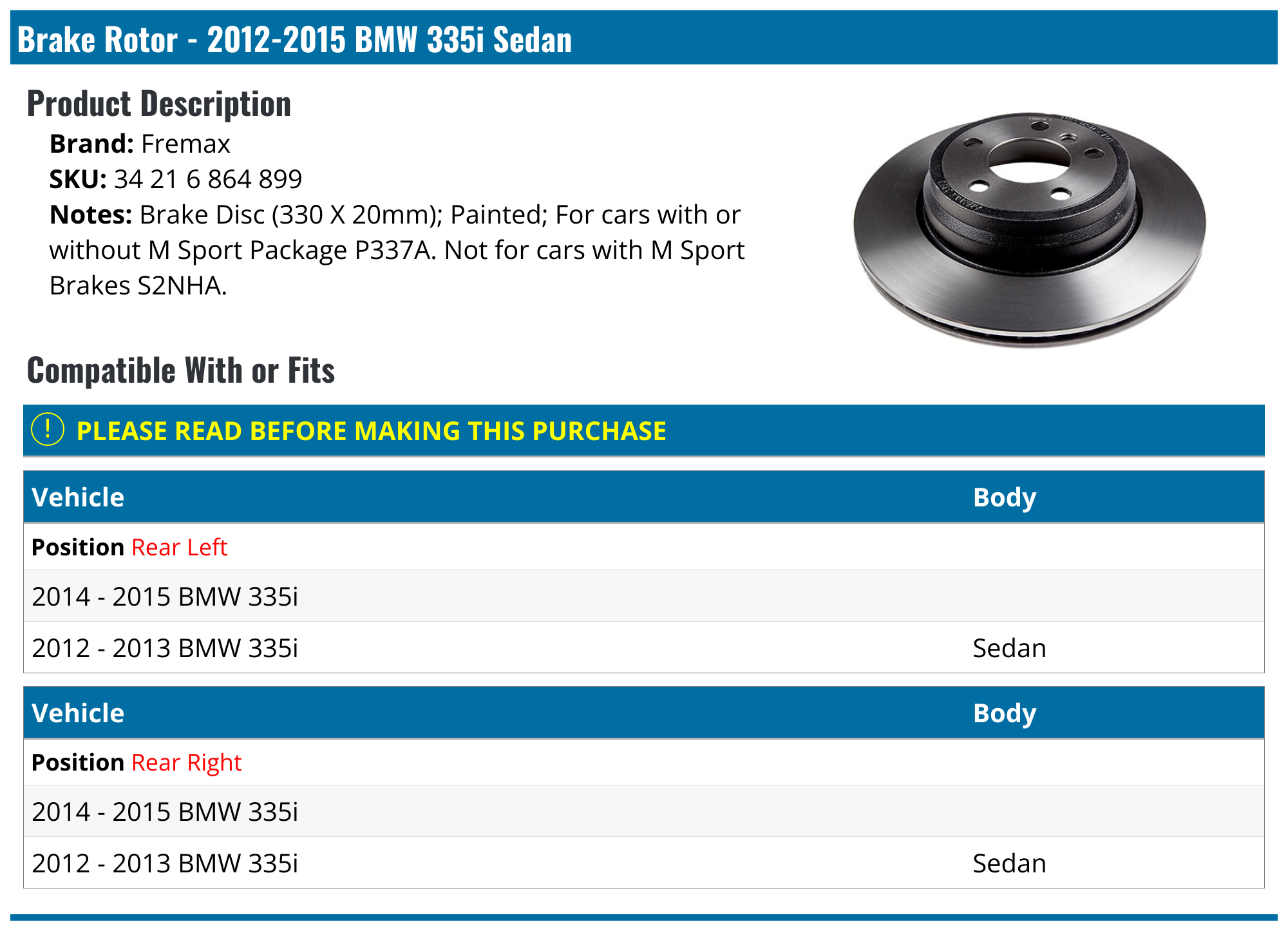 2012-2015 BMW 335i Brake Rotor - Fremax 34 21 6 864 899 - Rear Left ...