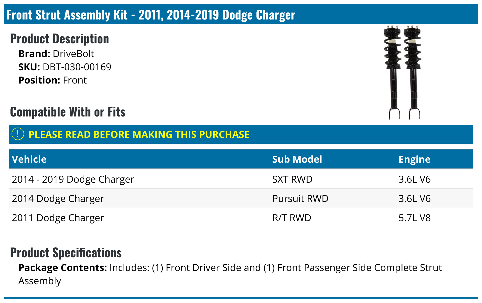 2011, 2014-2023 Dodge Charger Strut Assembly - DriveBolt DBT-030-00169 ...