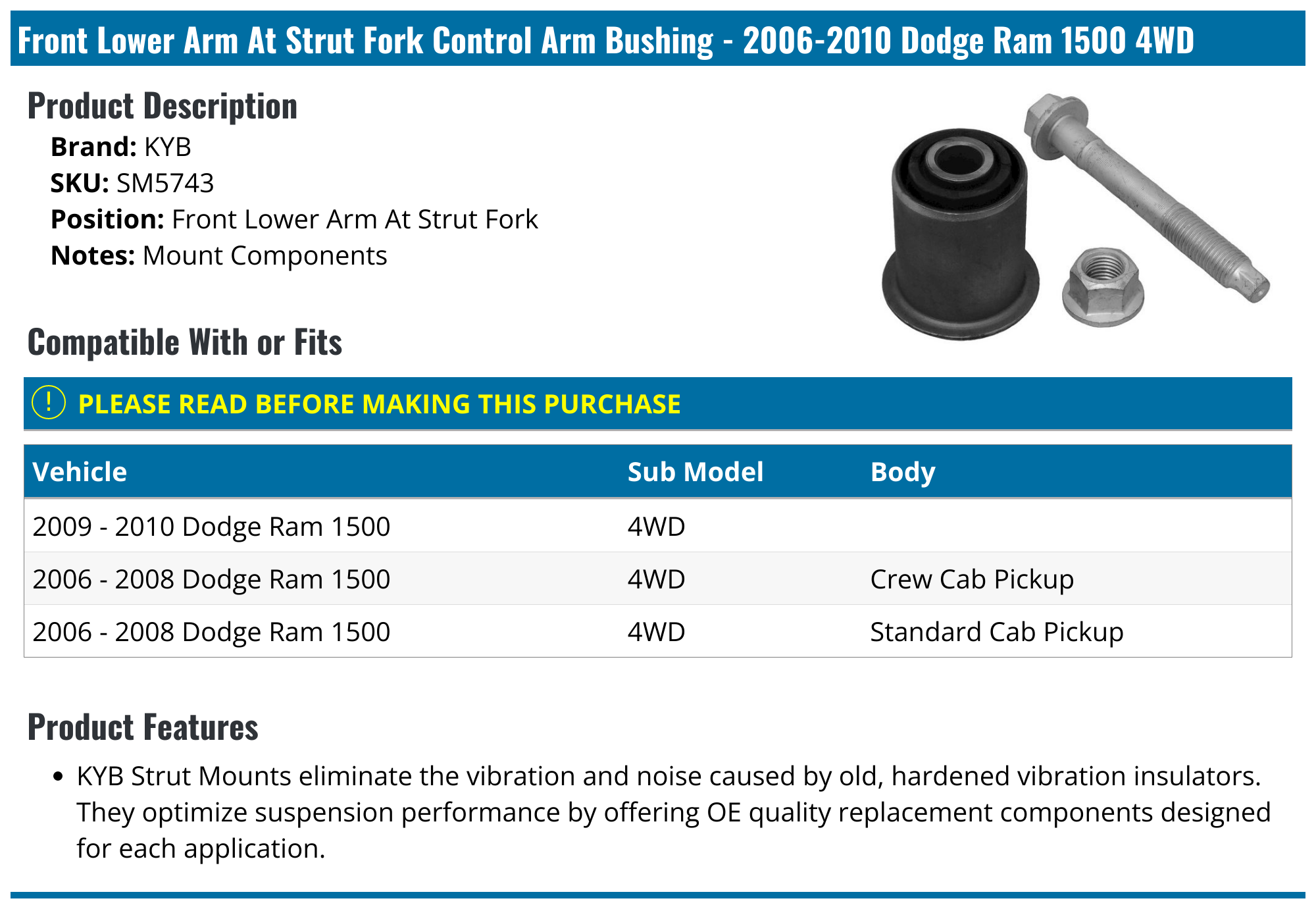 2006-2010 Dodge Ram 1500 Control Arm Bushing - KYB SM5743 - Front Lower ...