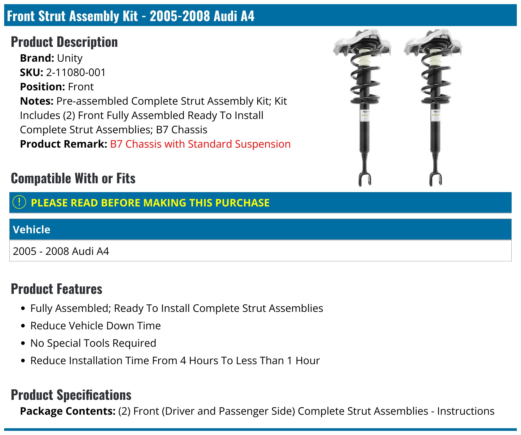 2005-2008 Audi A4 Strut Assembly - Unity 2-11080-001 - Front ...