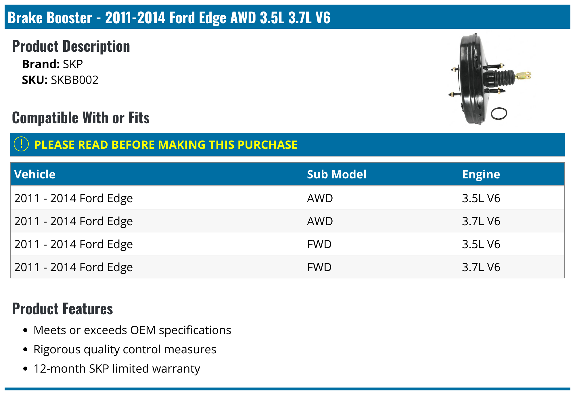 2011-2014 Ford Edge Brake Booster - SKP SKBB002 - PartsGeek.com