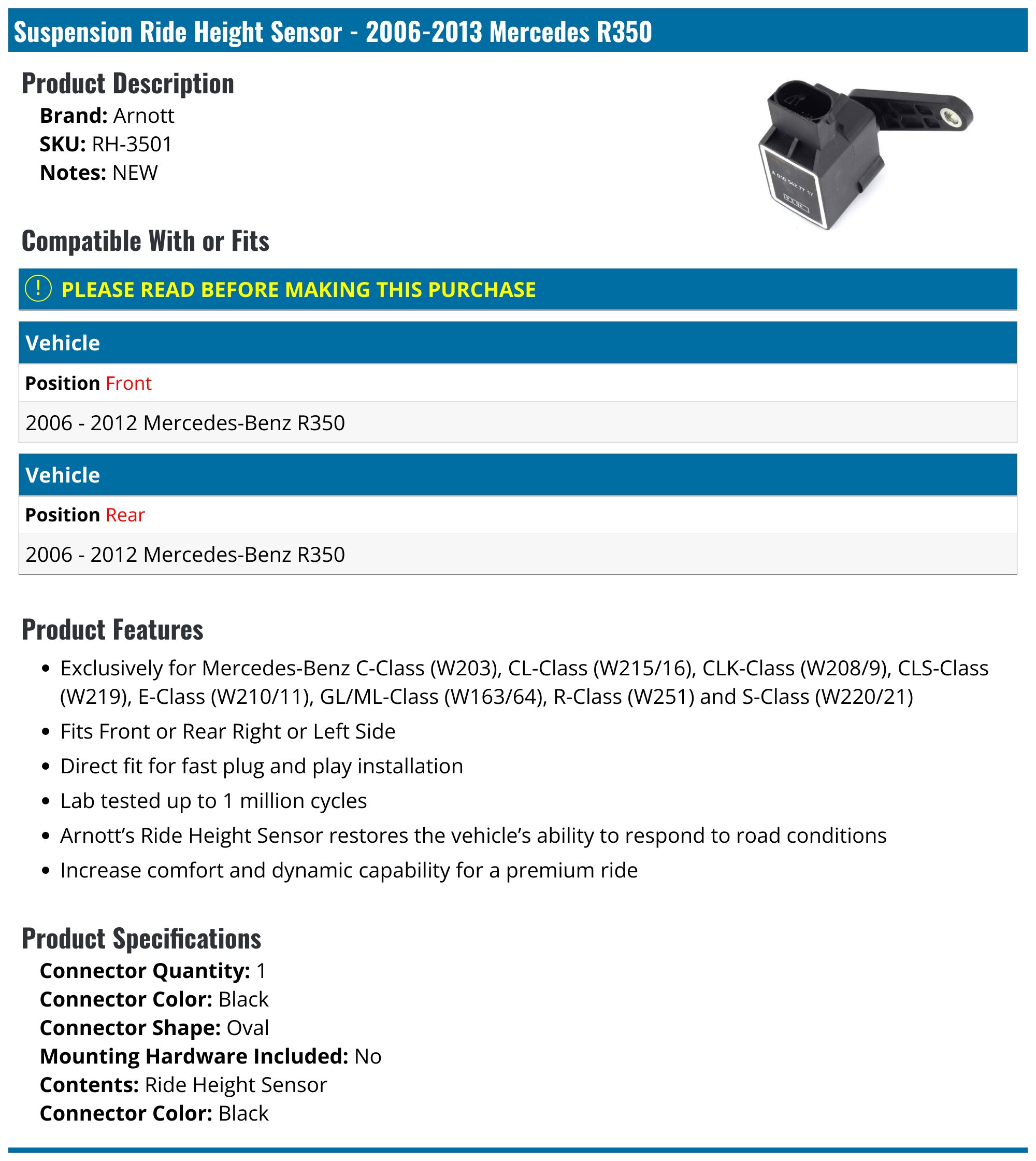 2006-2013 Mercedes R350 Suspension Ride Height Sensor - Arnott RH-3501 ...