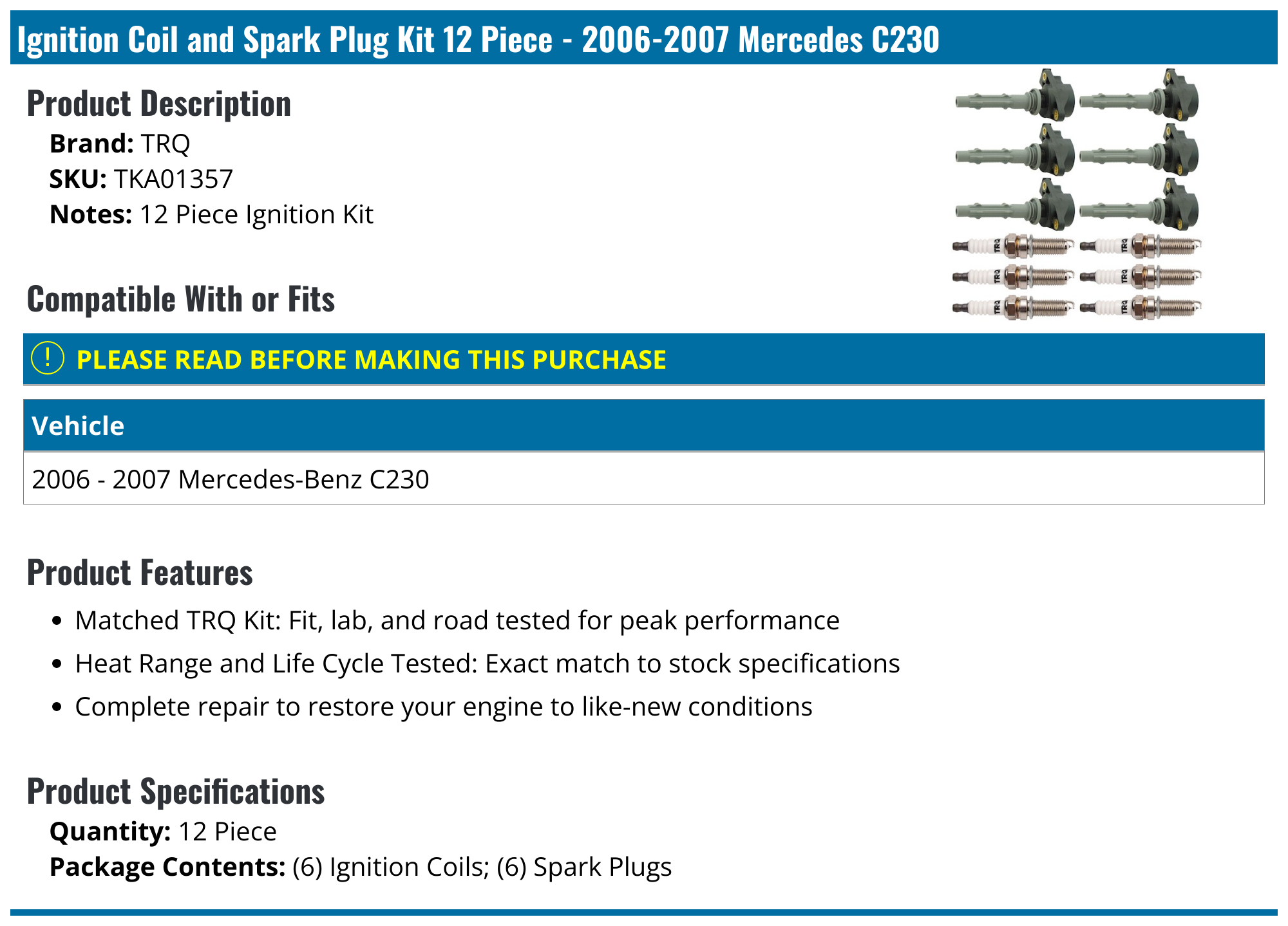 2006-2007 Mercedes C230 Ignition Coil - TRQ TKA01357 - PartsGeek.com