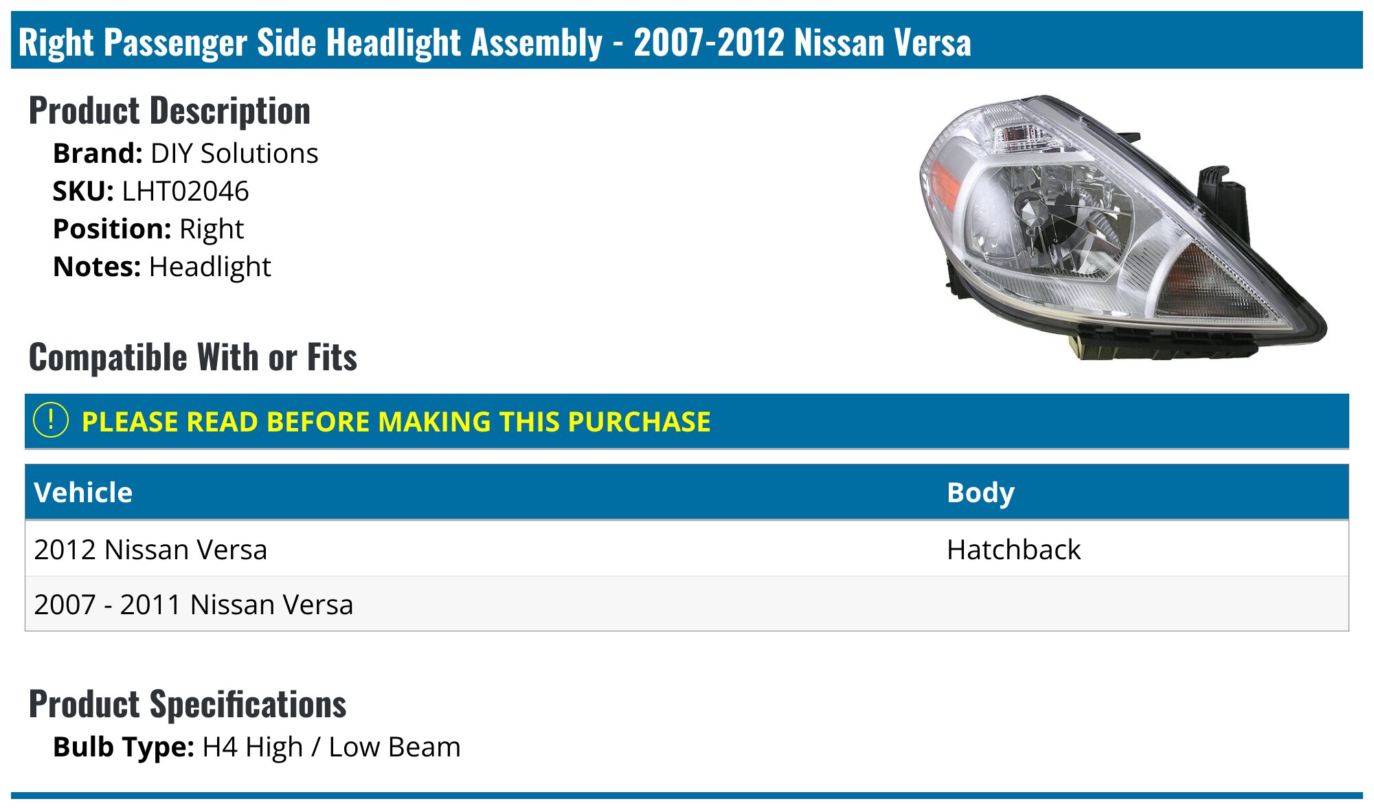 2007-2012 Nissan Versa Headlight Assembly - DIY Solutions LHT02046 ...