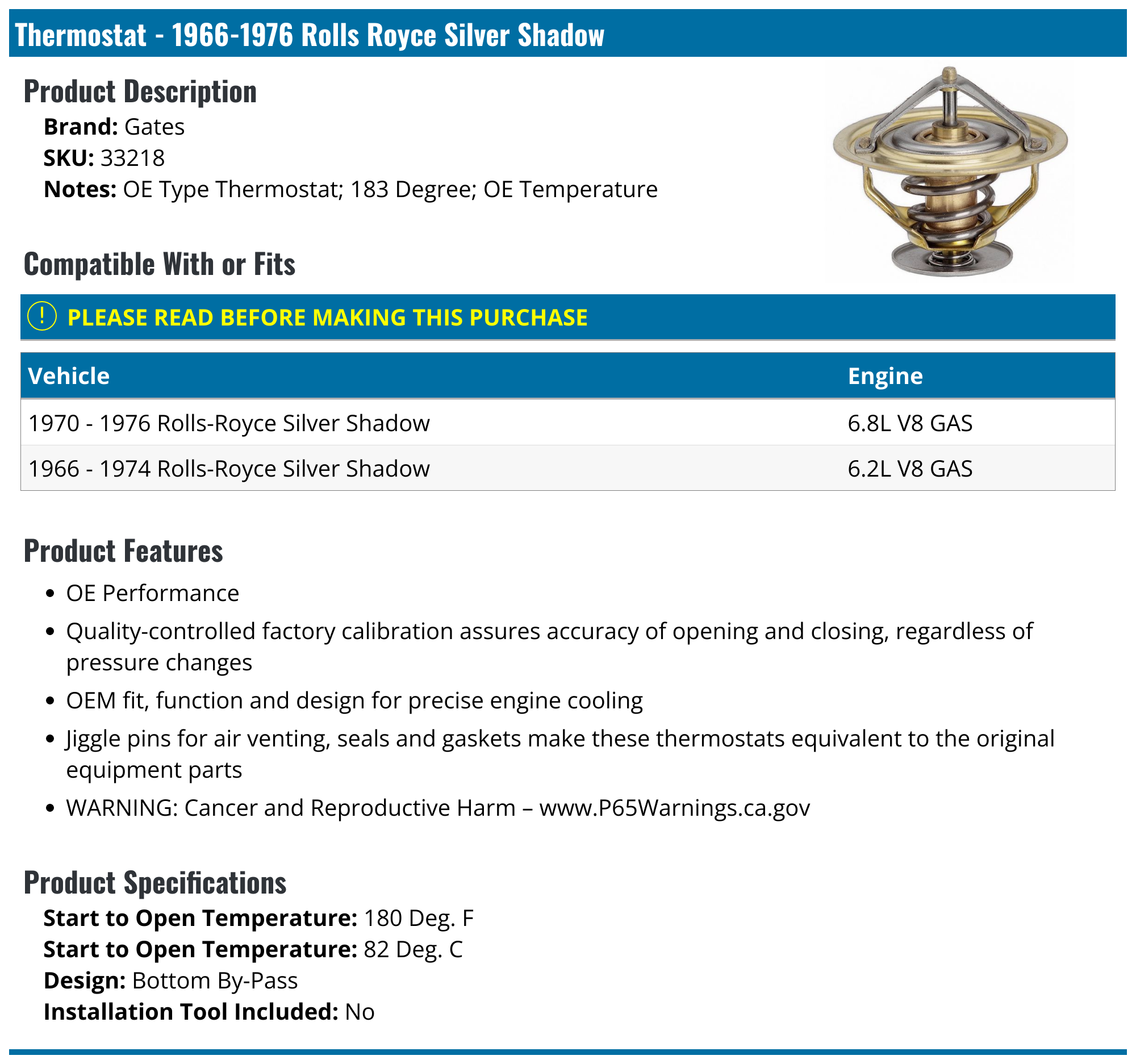 1966-1976 Rolls Royce Silver Shadow Thermostat - Gates 33218 ...