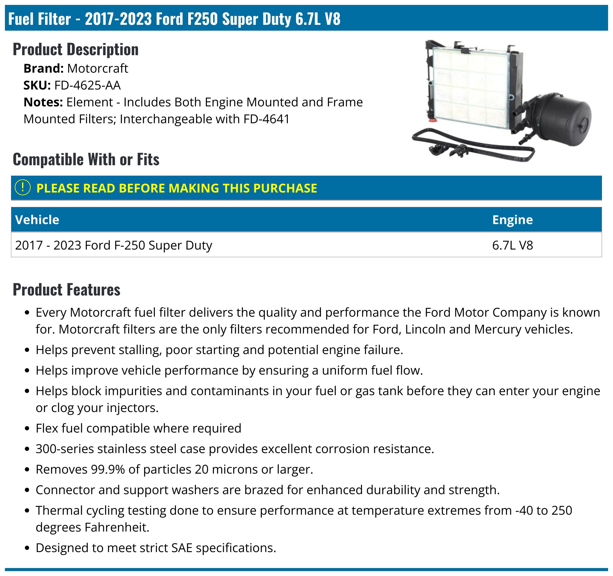 2017-2024 Ford F250 Super Duty Fuel Filter - Motorcraft FD-4625-AA ...