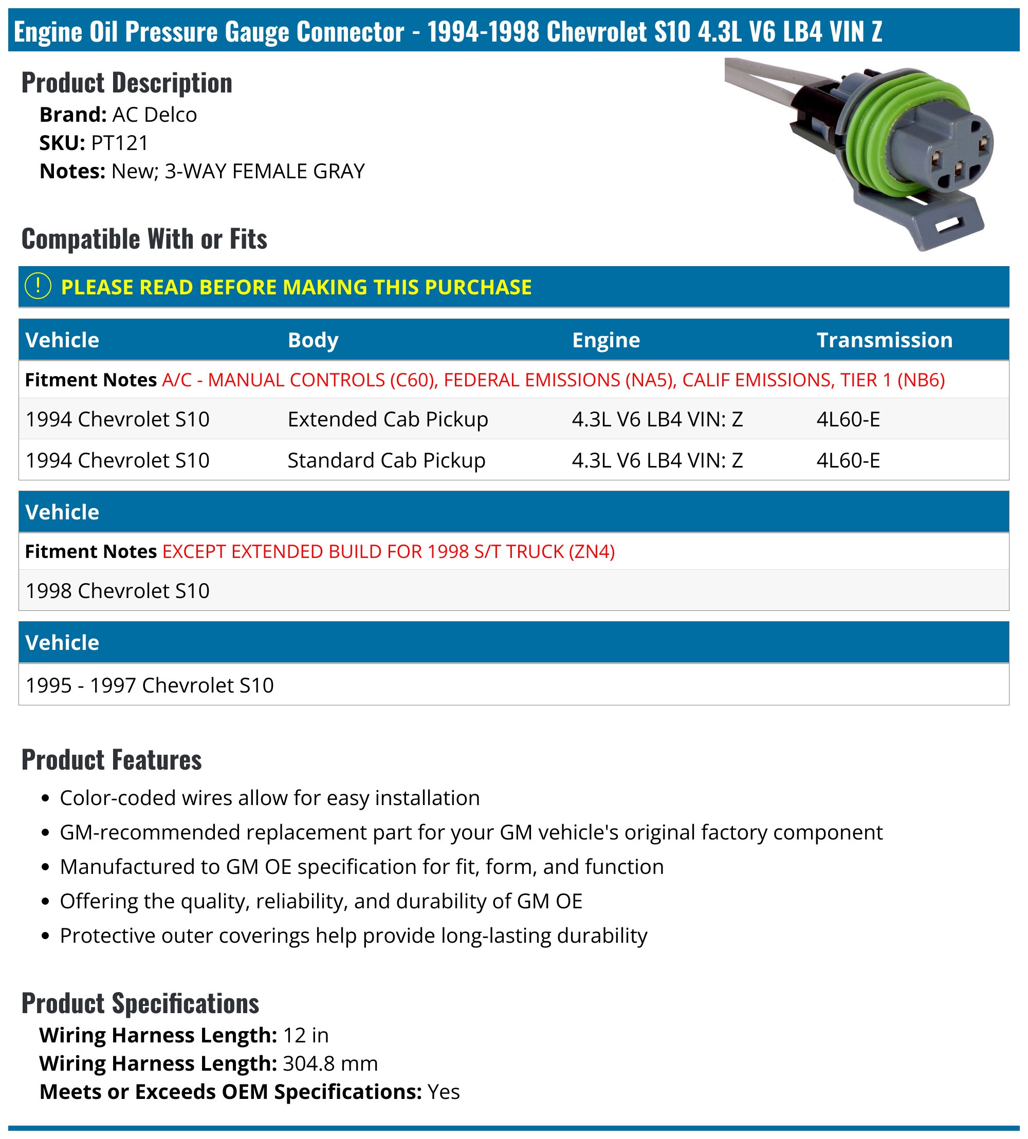 1994-1998 Chevrolet S10 Engine Oil Pressure Gauge Connector - AC Delco ...