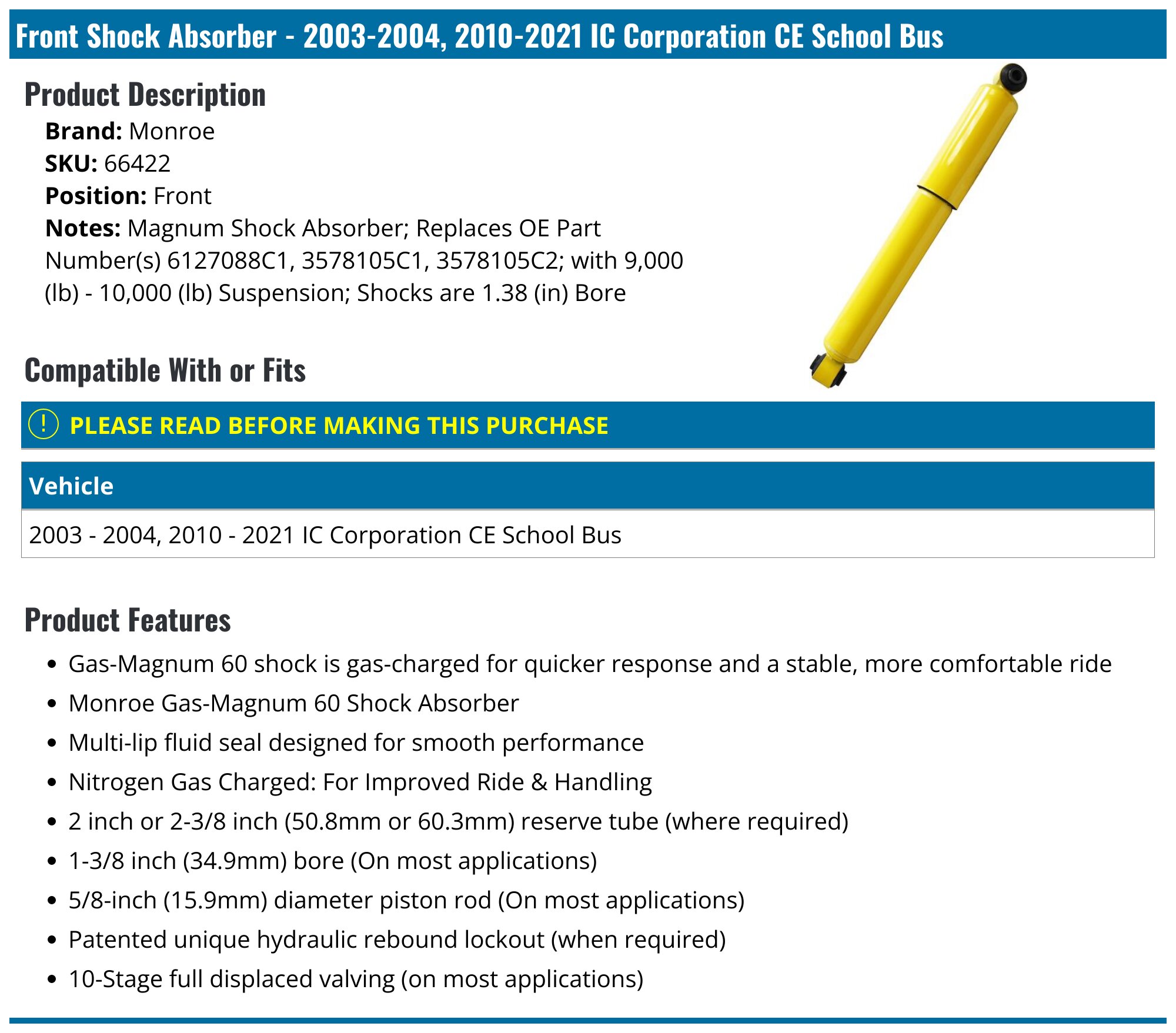 2003-2004, 2010-2024 IC Corporation CE School Bus Shock Absorber ...