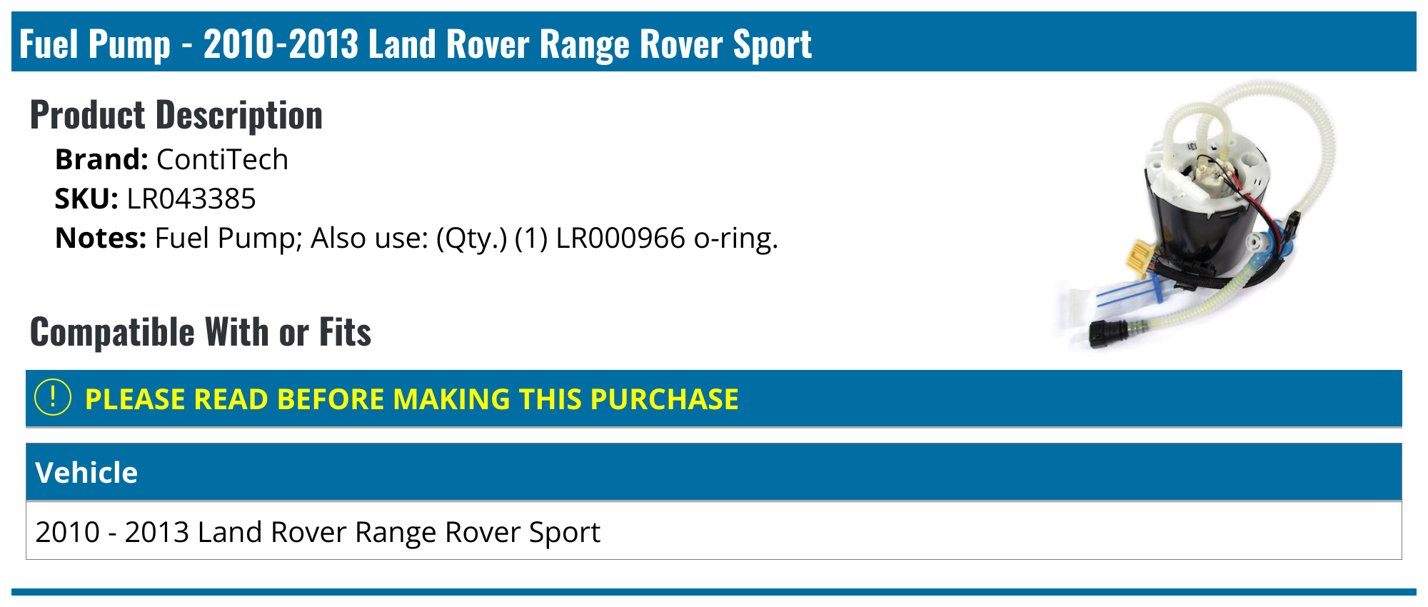 2010-2013 Land Rover Range Rover Sport Fuel Pump - ContiTech LR043385 ...
