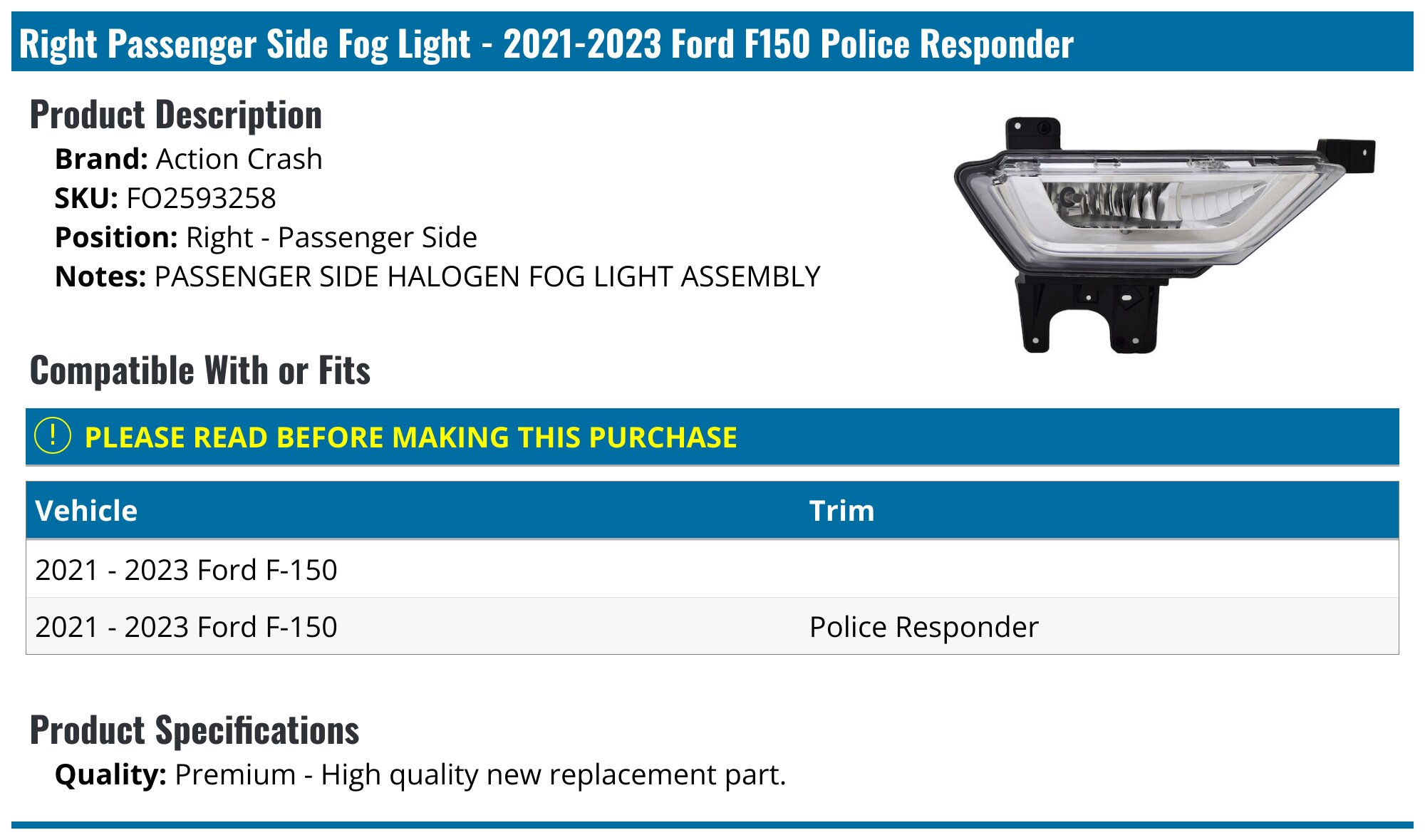 2021-2023 Ford F150 Fog Light - Action Crash FO2593258 - Right ...