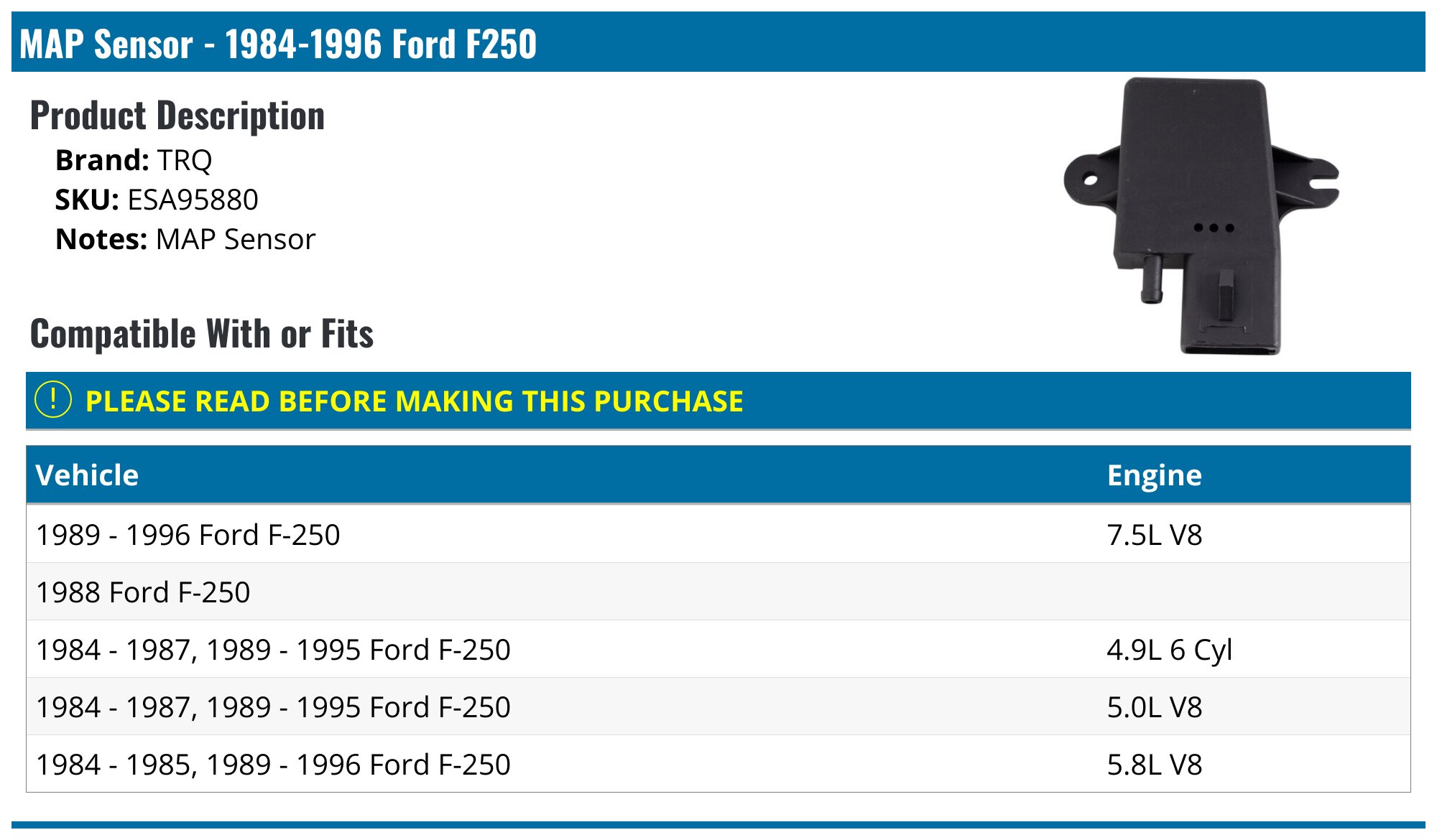 1984-1996 Ford F250 MAP Sensor - TRQ ESA95880 - PartsGeek.com