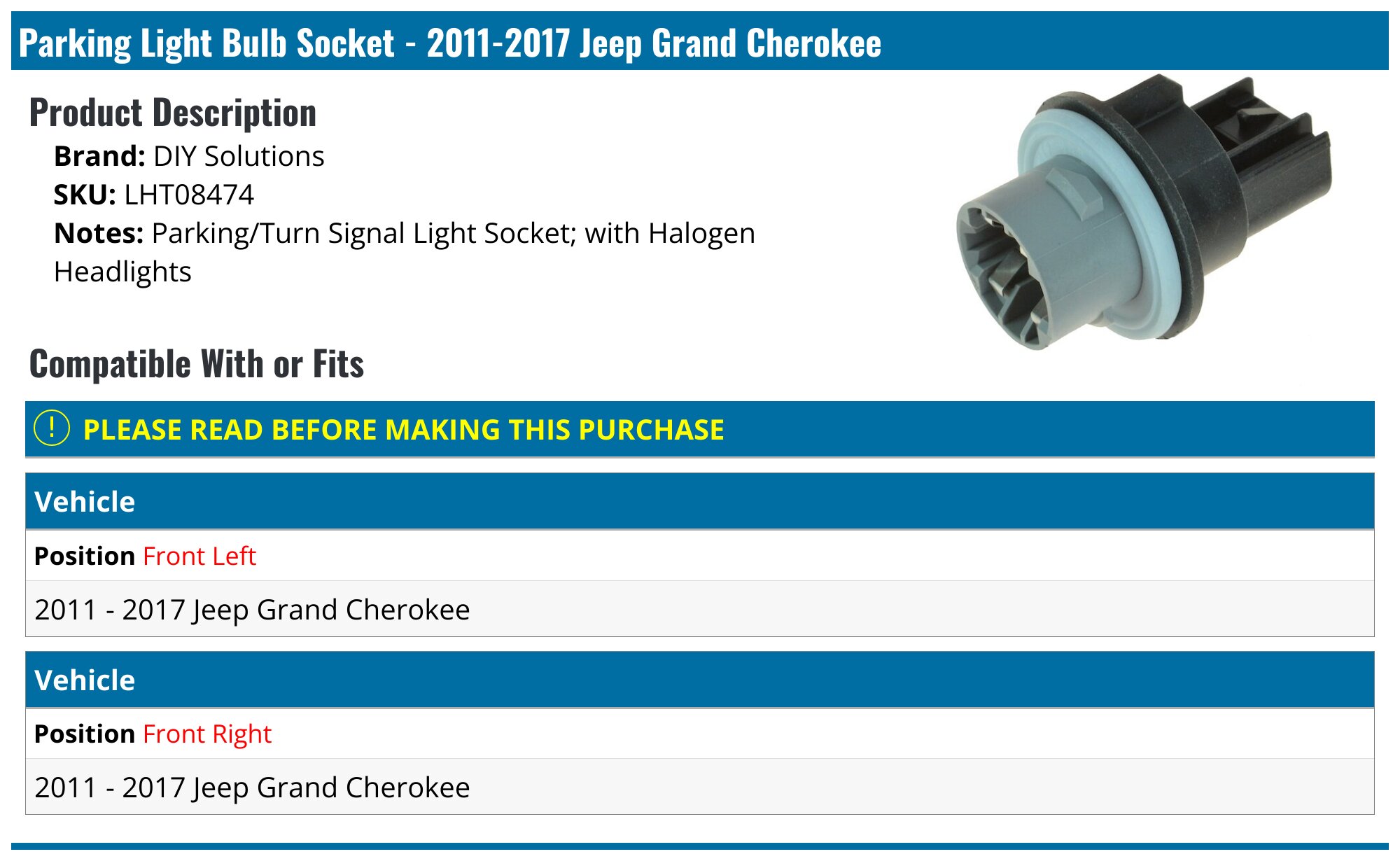 2011-2017 Jeep Grand Cherokee Parking Light Bulb Socket - DIY Solutions ...
