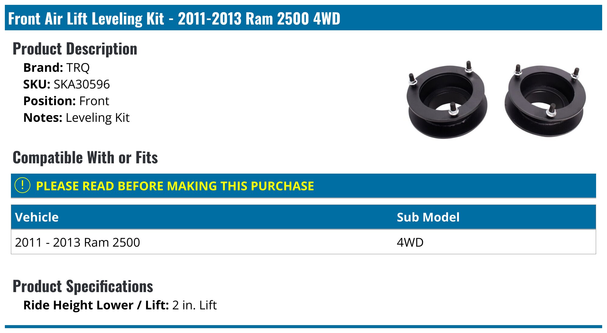 2011-2013 Ram 2500 Air Lift Leveling Kit - TRQ SKA30596 - Front ...