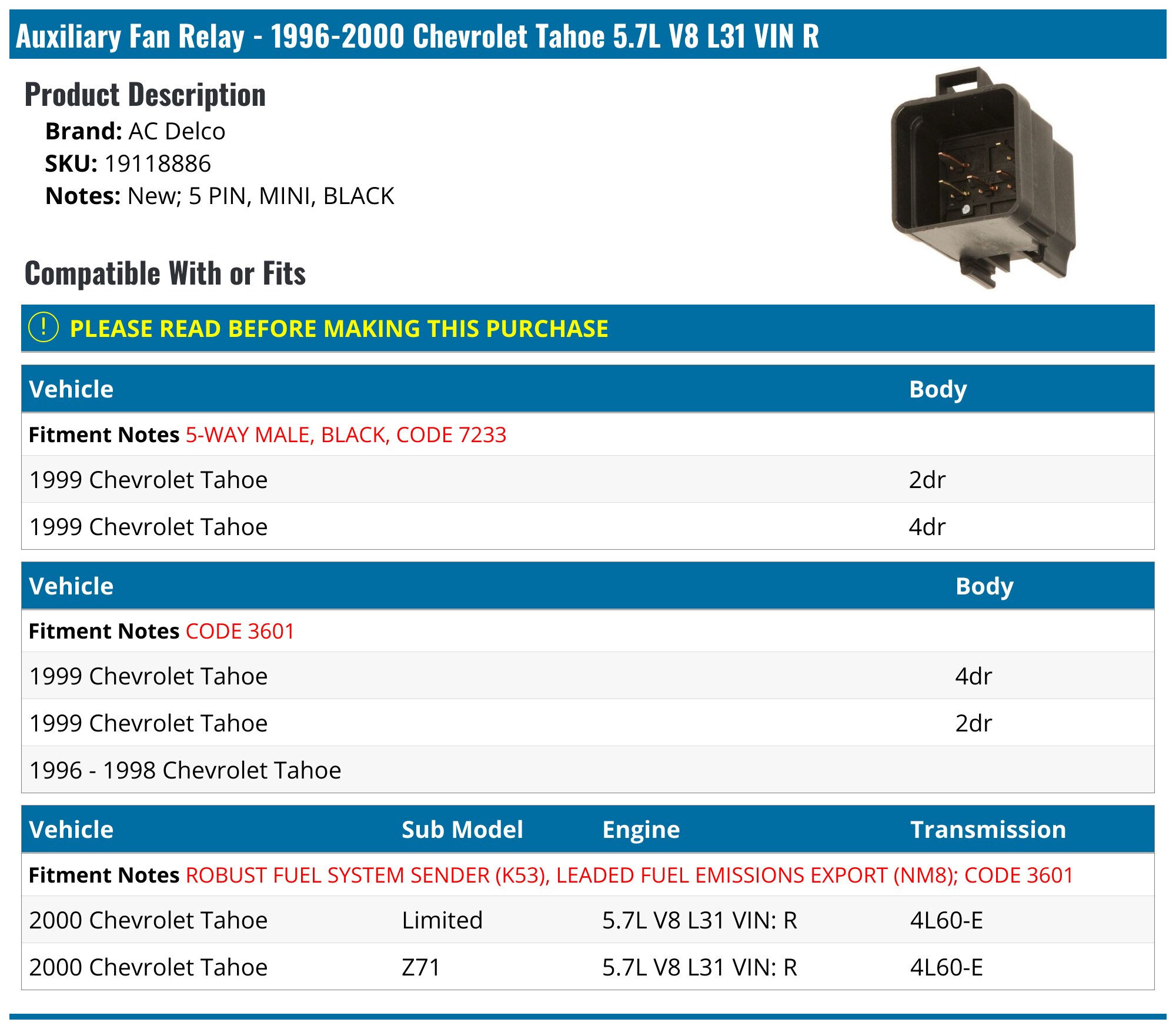 1996-1999 Chevrolet Tahoe Auxiliary Fan Relay - AC Delco 19118886 ...
