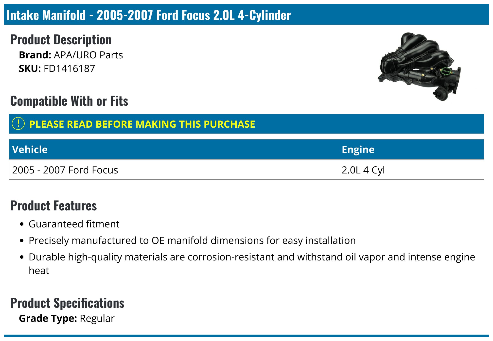 2005-2007 Ford Focus Intake Manifold - APA/URO Parts FD1416187 ...